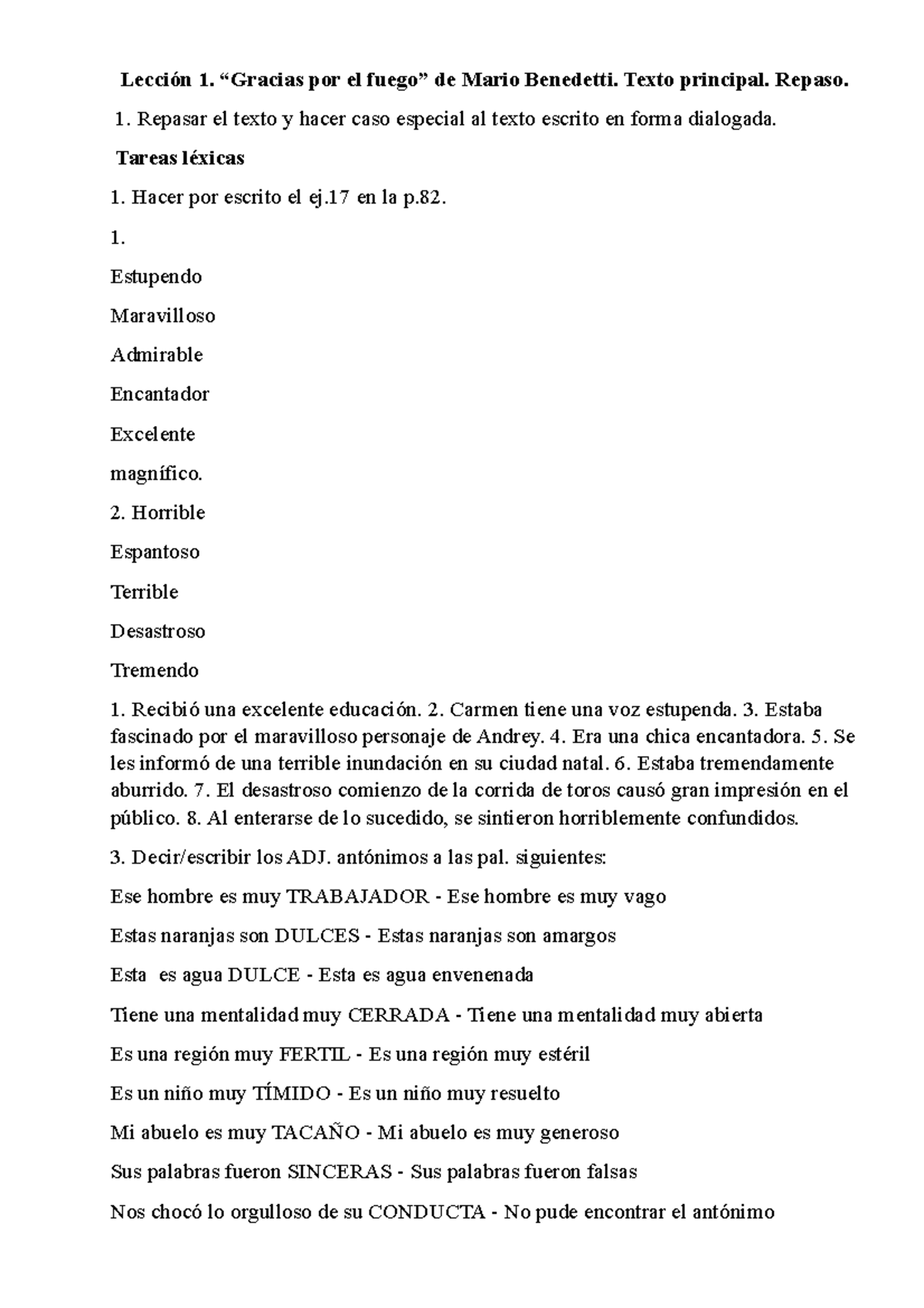 Lección 1 - “Gracias por el fuego” de Mario Benedetti. Texto principal ...