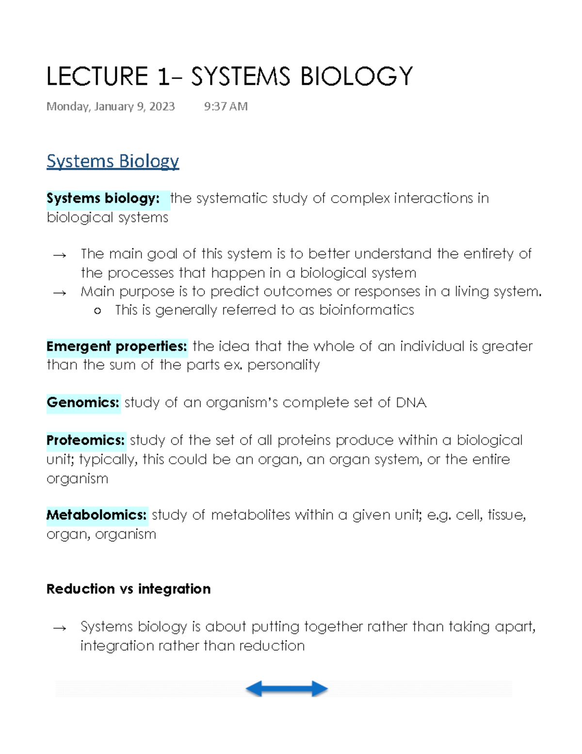 lecture 1 notes - Systems Biology Systems biology: the systematic study ...