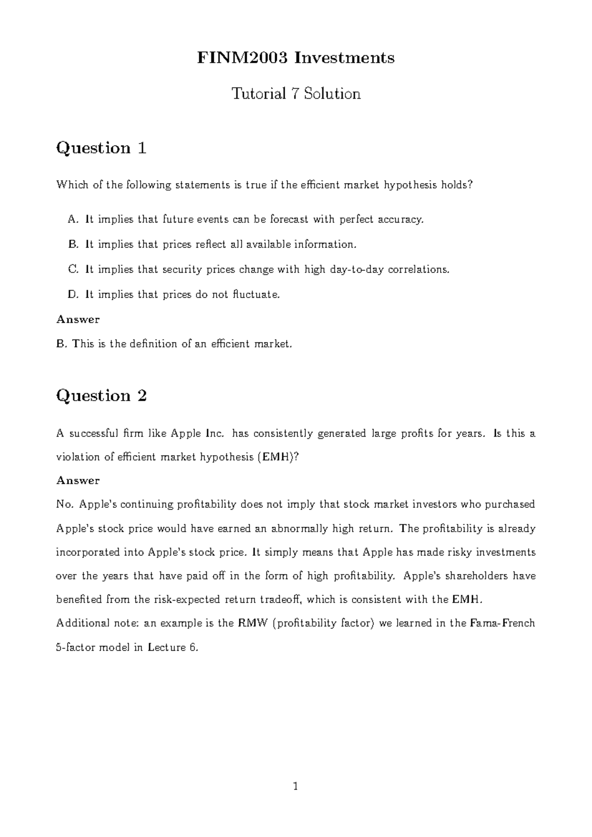 Tutorial 7 Solution - FINM2003 Investments Tutorial 7 Solution Question ...