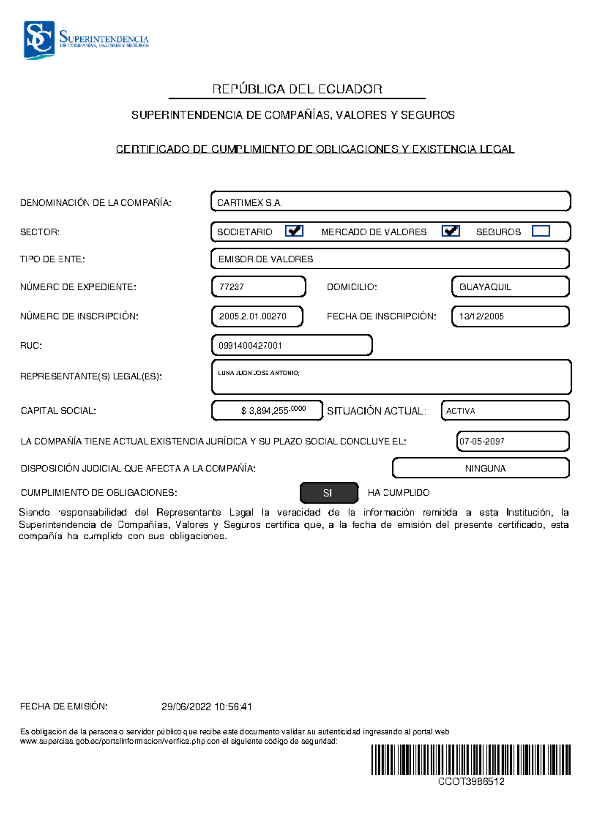 Cco Supercias 29-06-2022 - REPÚBLICA DEL ECUADOR SUPERINTENDENCIA DE ...