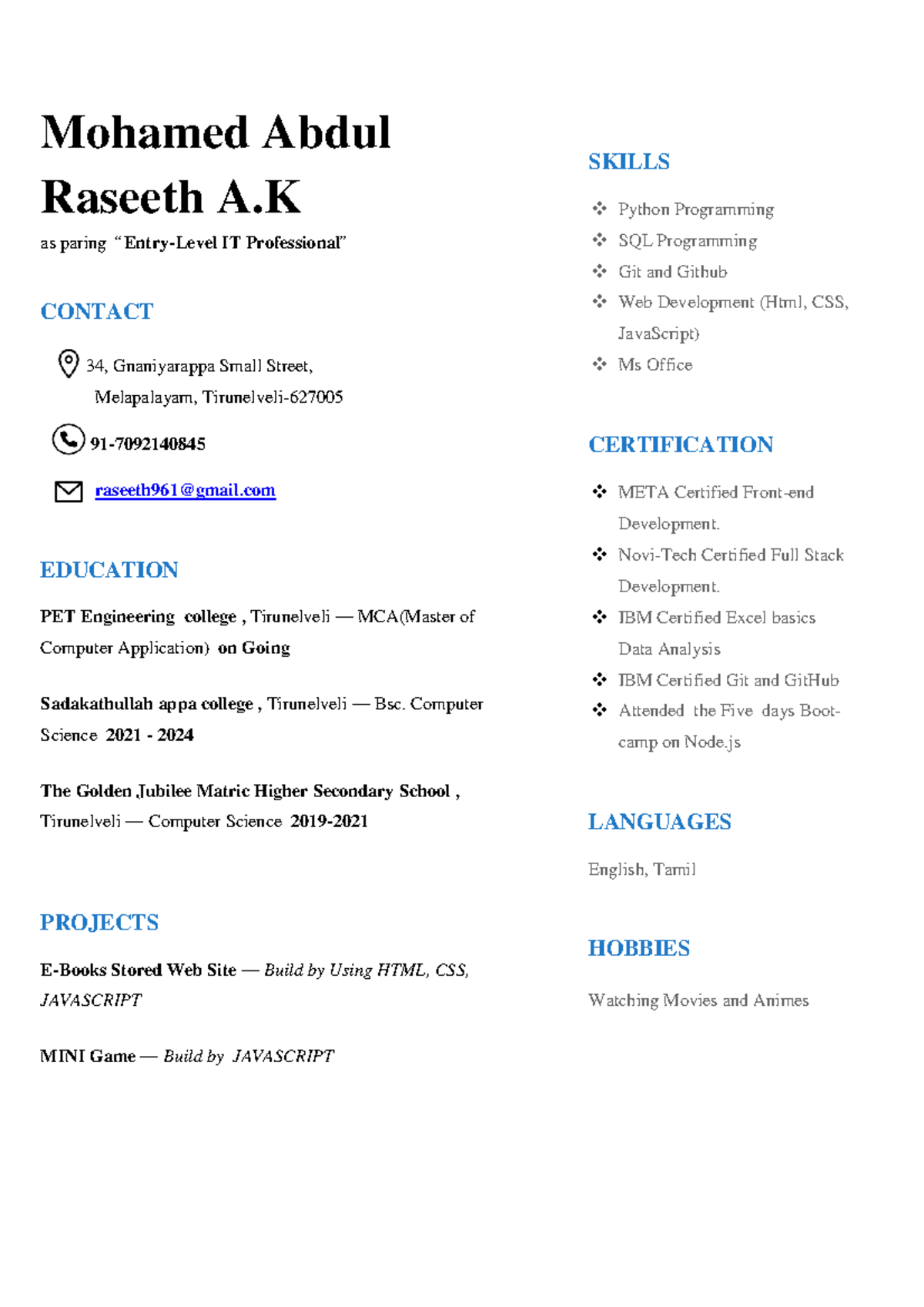 Raseeth Resume - Useful - Mohamed Abdul Raseeth A as paring “Entry-Level IT Professional ...