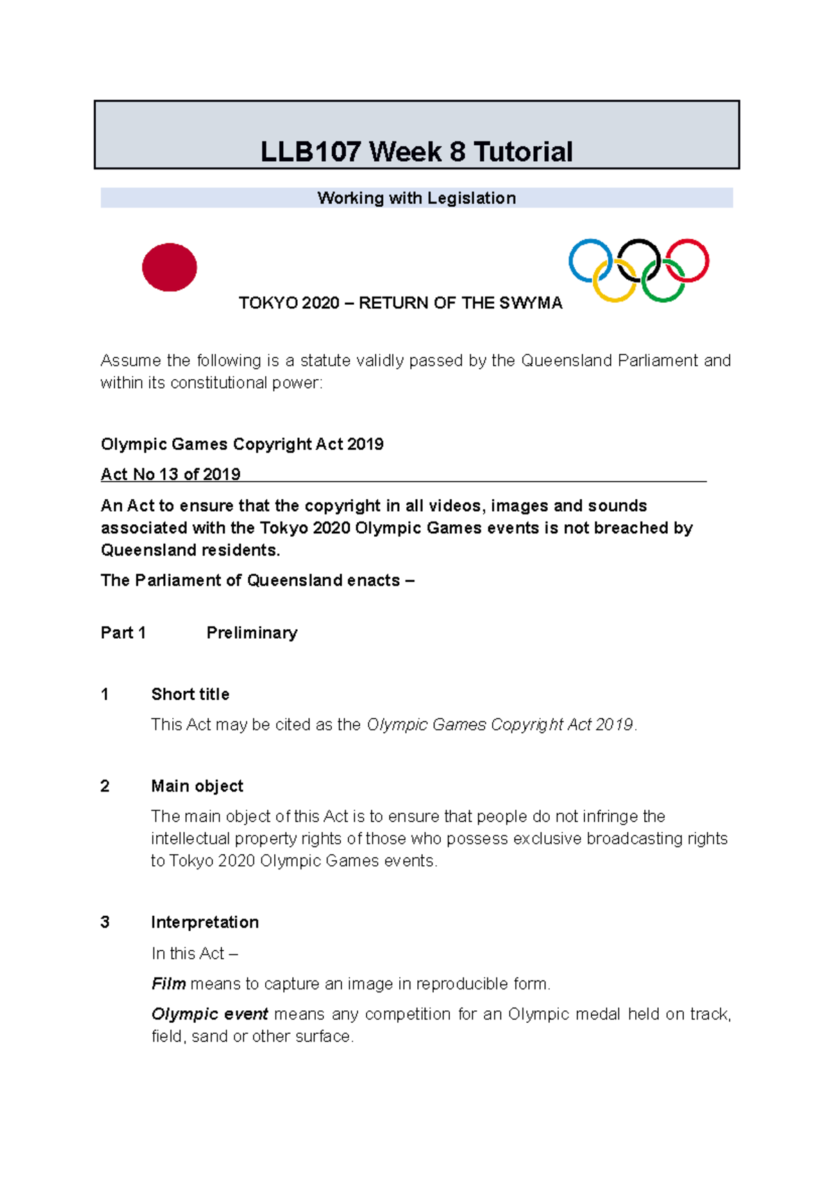 Tutorial - LLB107 Week 8 Tutorial Working with Legislation TOKYO 2020 ...