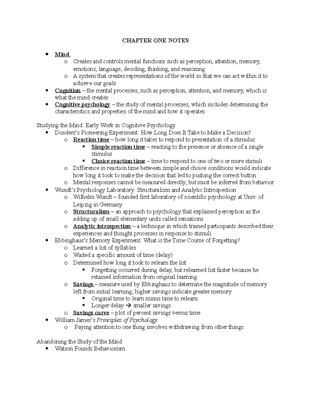 Chapter 1 and 2 Textbook Notes - CHAPTER ONE NOTES Mind o Creates and ...