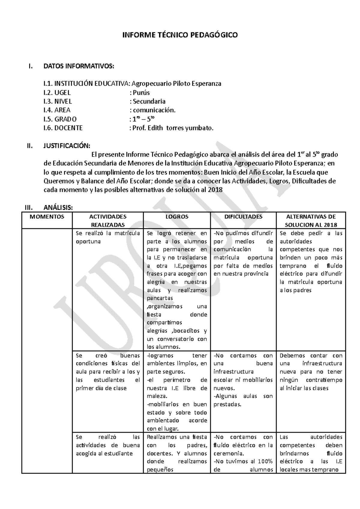 Informe Técnico Pedagógico - INFORME TÉCNICO PEDAGÓGICO I. DATOS ...