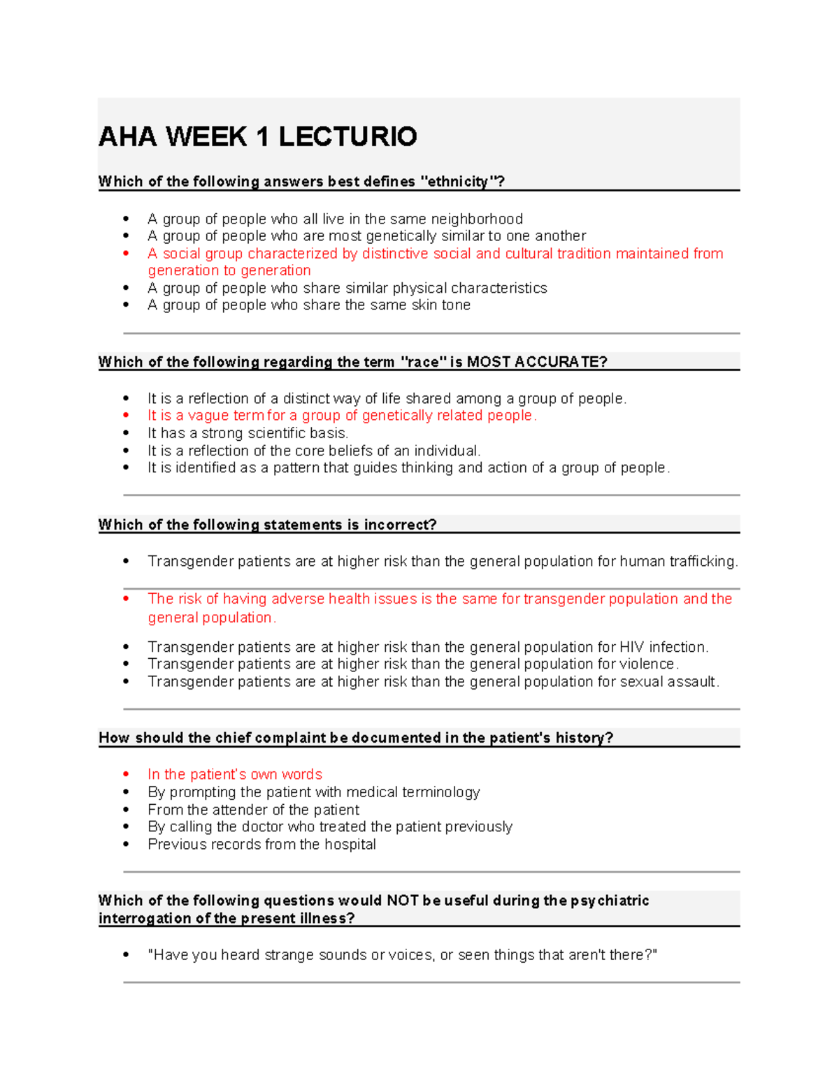 AHA WEEK 1 Lecturio - AHA WEEK 1 LECTURIO Which of the following answers best defines - Studocu