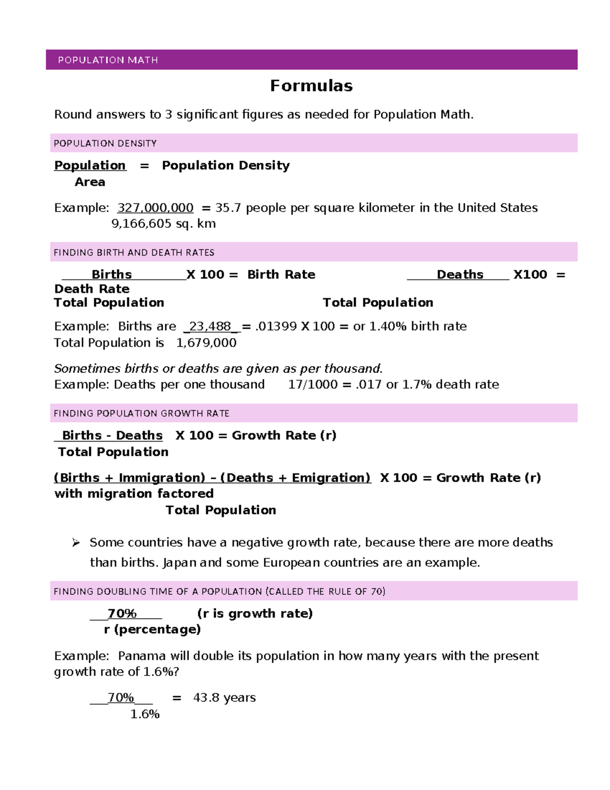 Population Mathpreview - POPULATION MATH Formulas Round answers to 3 ...