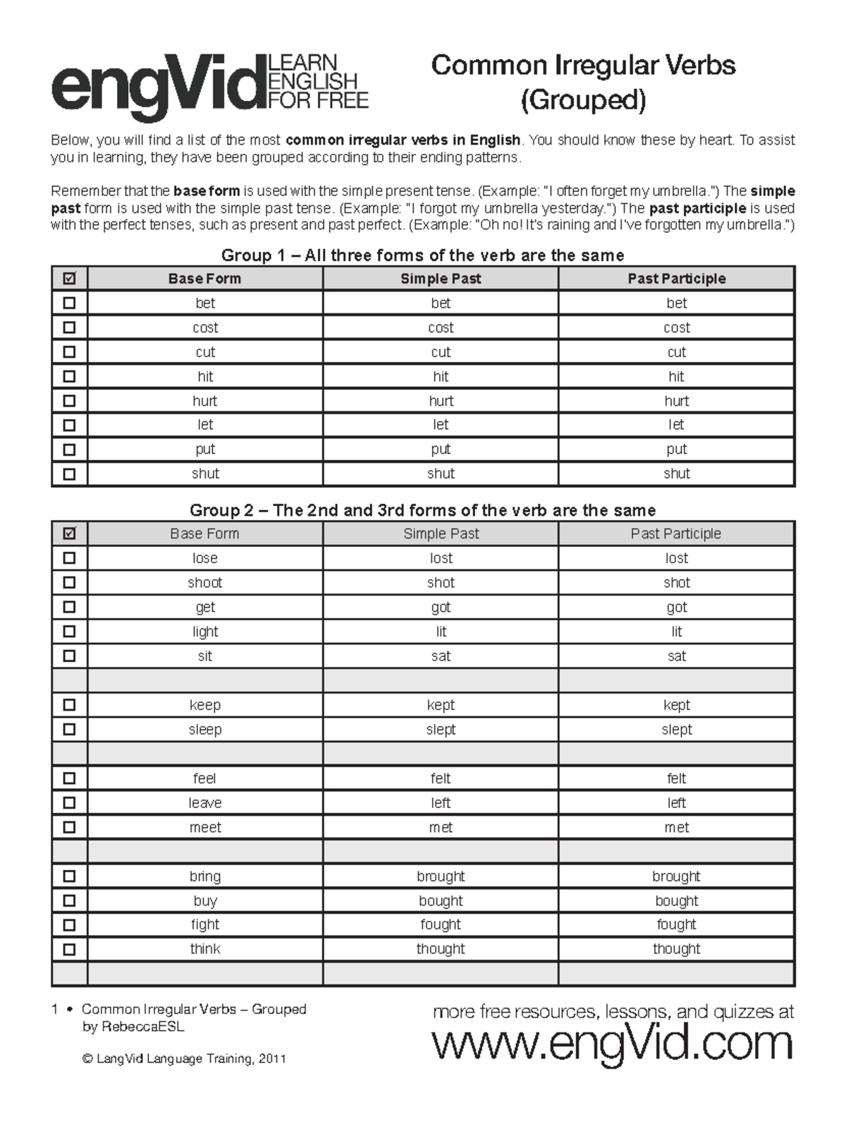 Common Irregular Verbs Divided BY Gropus (1) - more free resources ...