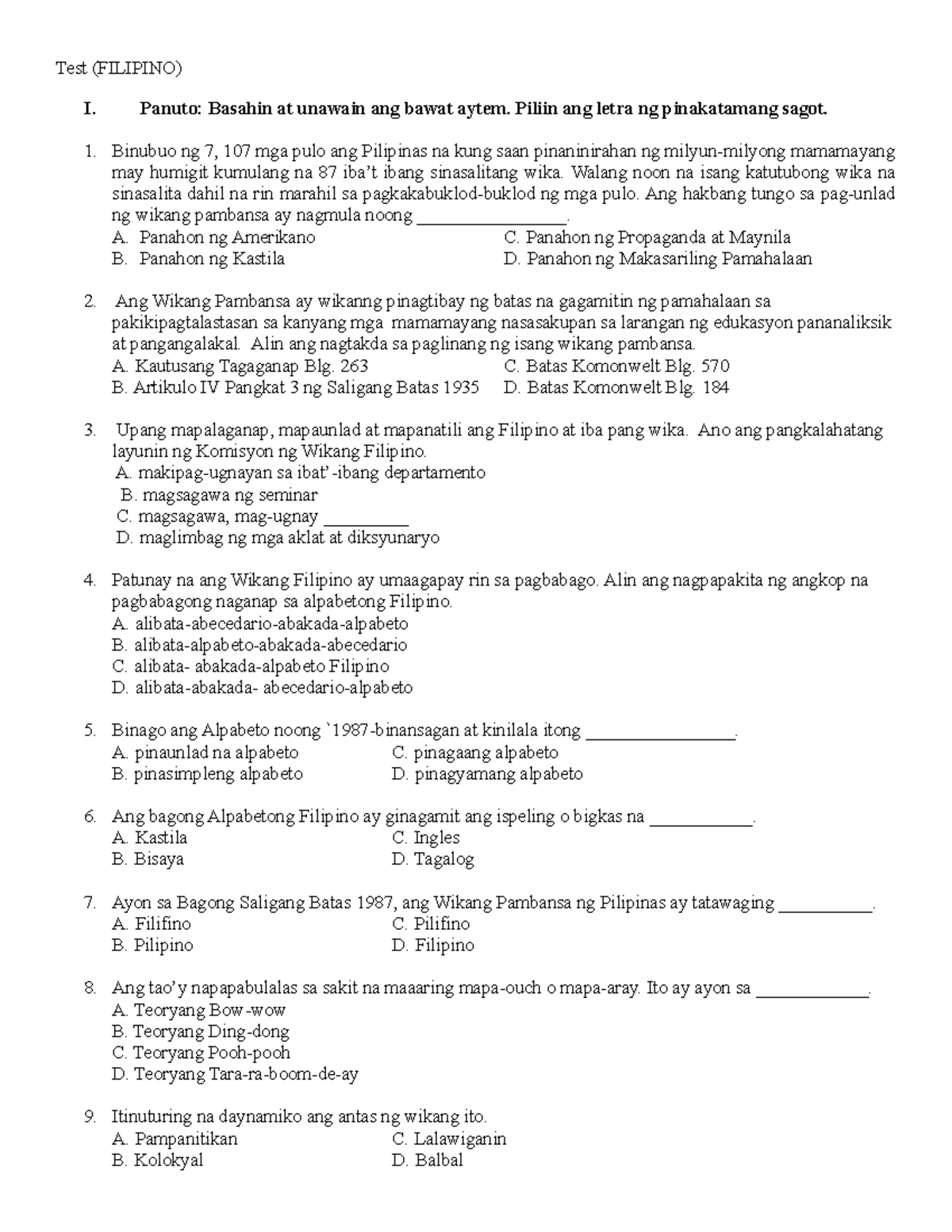 Filipino Answer Key - Test (FILIPINO) I. Panuto: Basahin at unawain ang ...