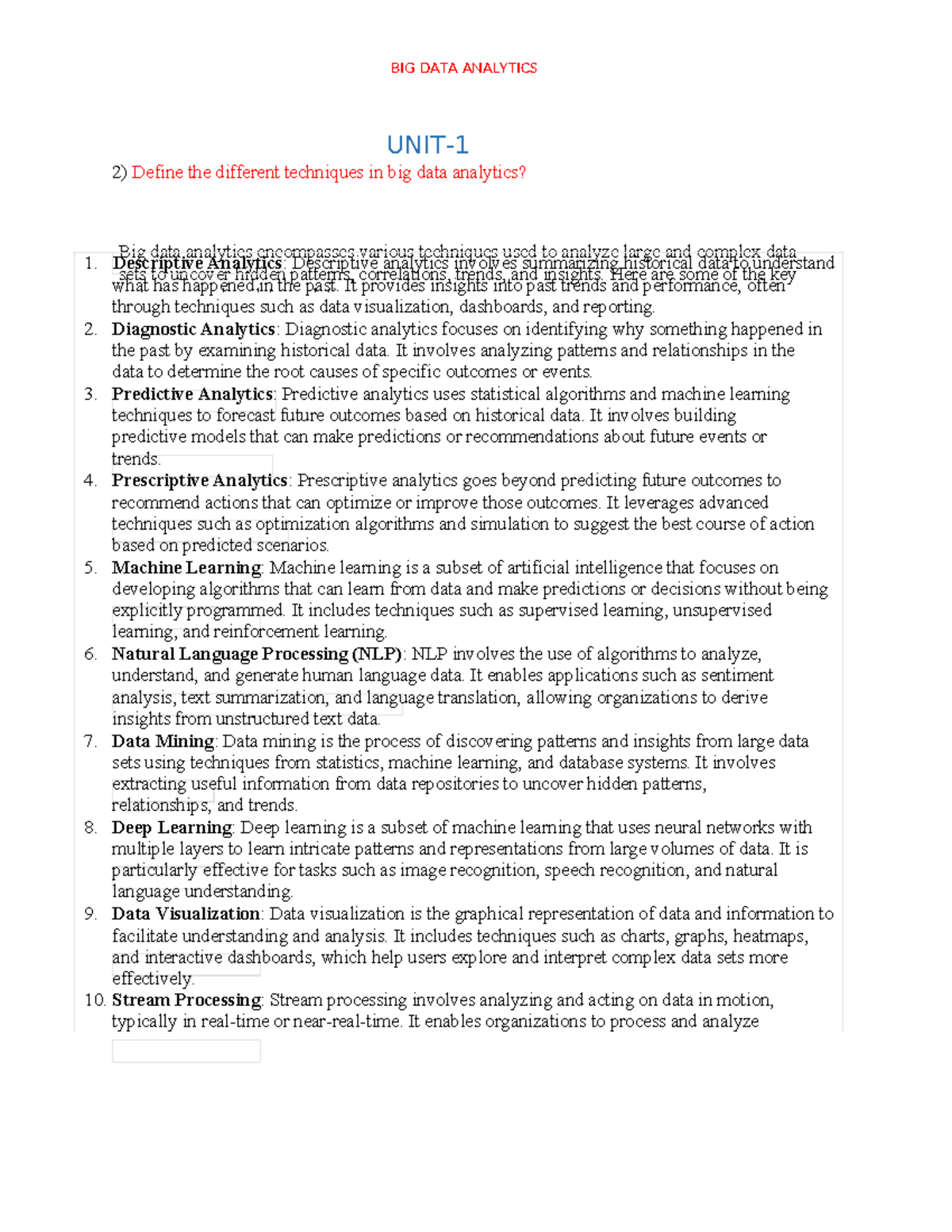 Big data analytics previous year question paper - Big data analytics encompasses various ...