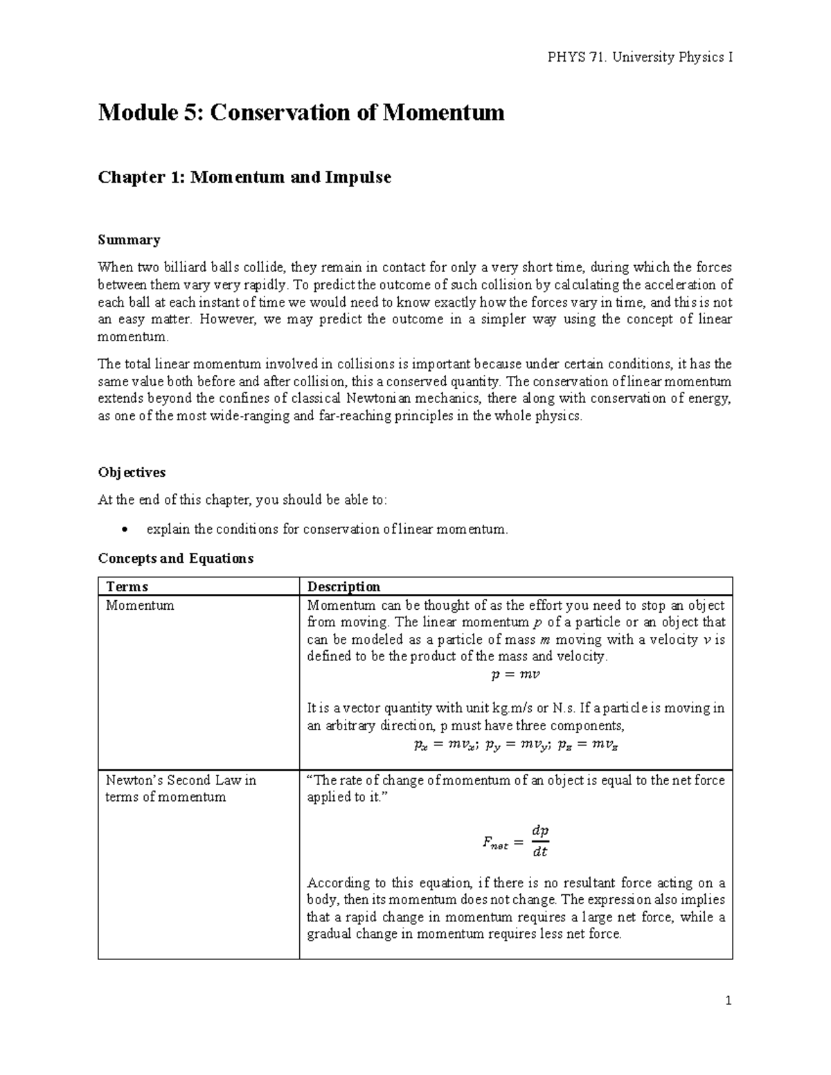 Physics - afhekfhwefwehu - Module 5: Conservation of Momentum Chapter 1 ...