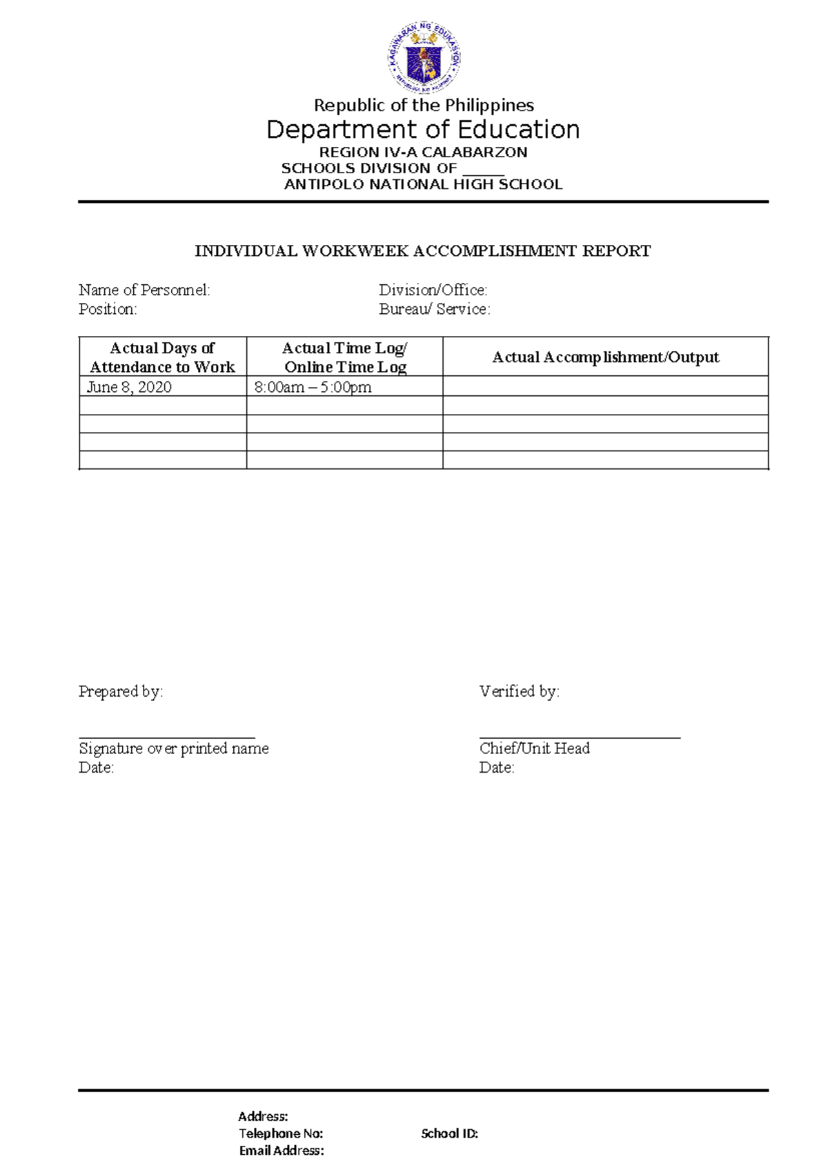 Individual Daily Log and Accomplishment Report Teacher PH - Republic of ...
