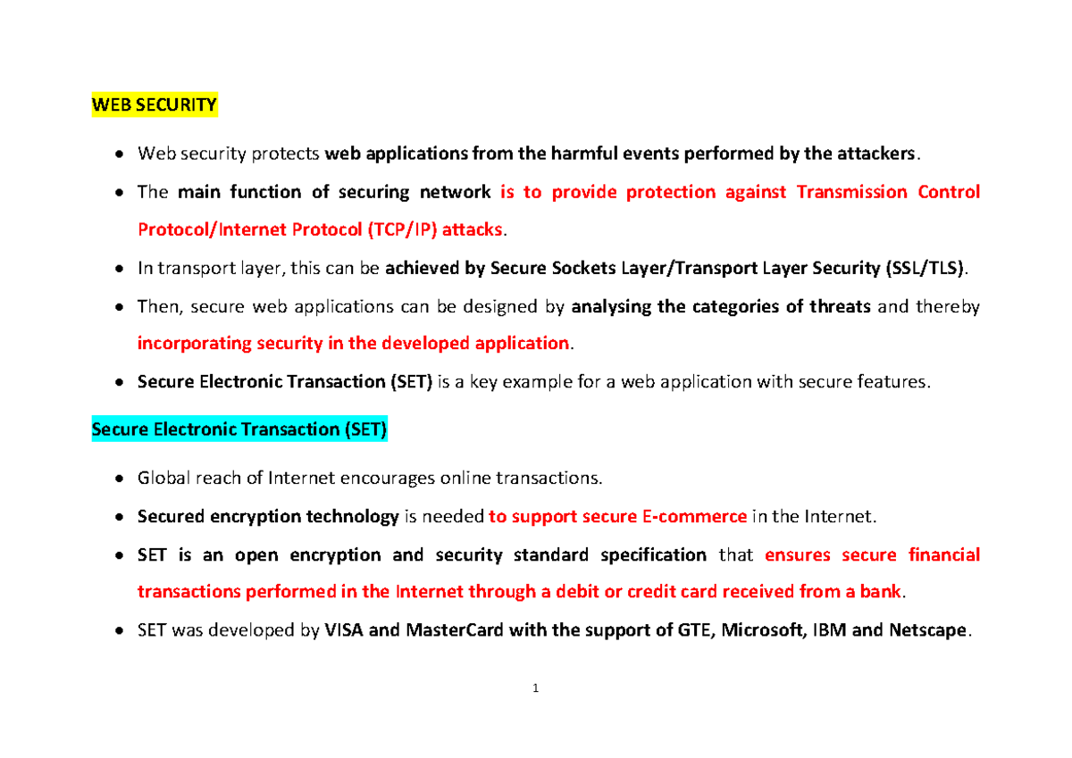 Web Security - notes - WEB SECURITY Web security protects web ...
