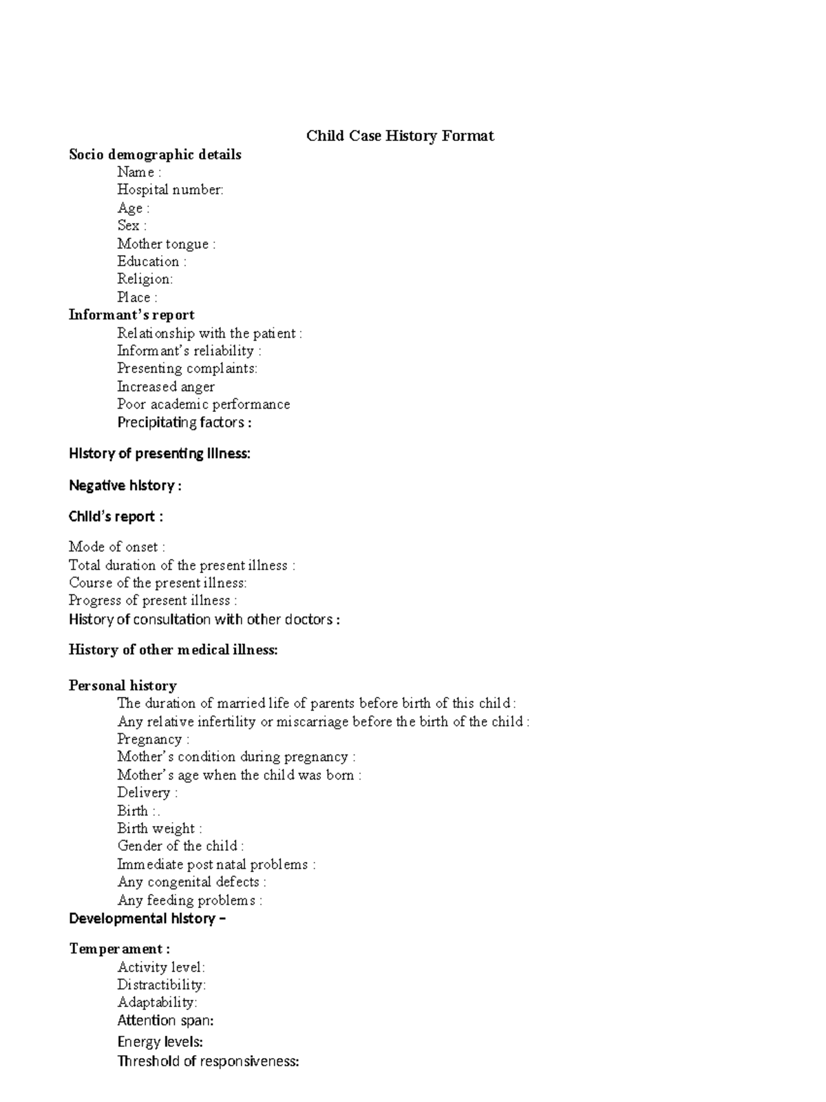 Child case History Format - Child Case History Format Socio demographic ...