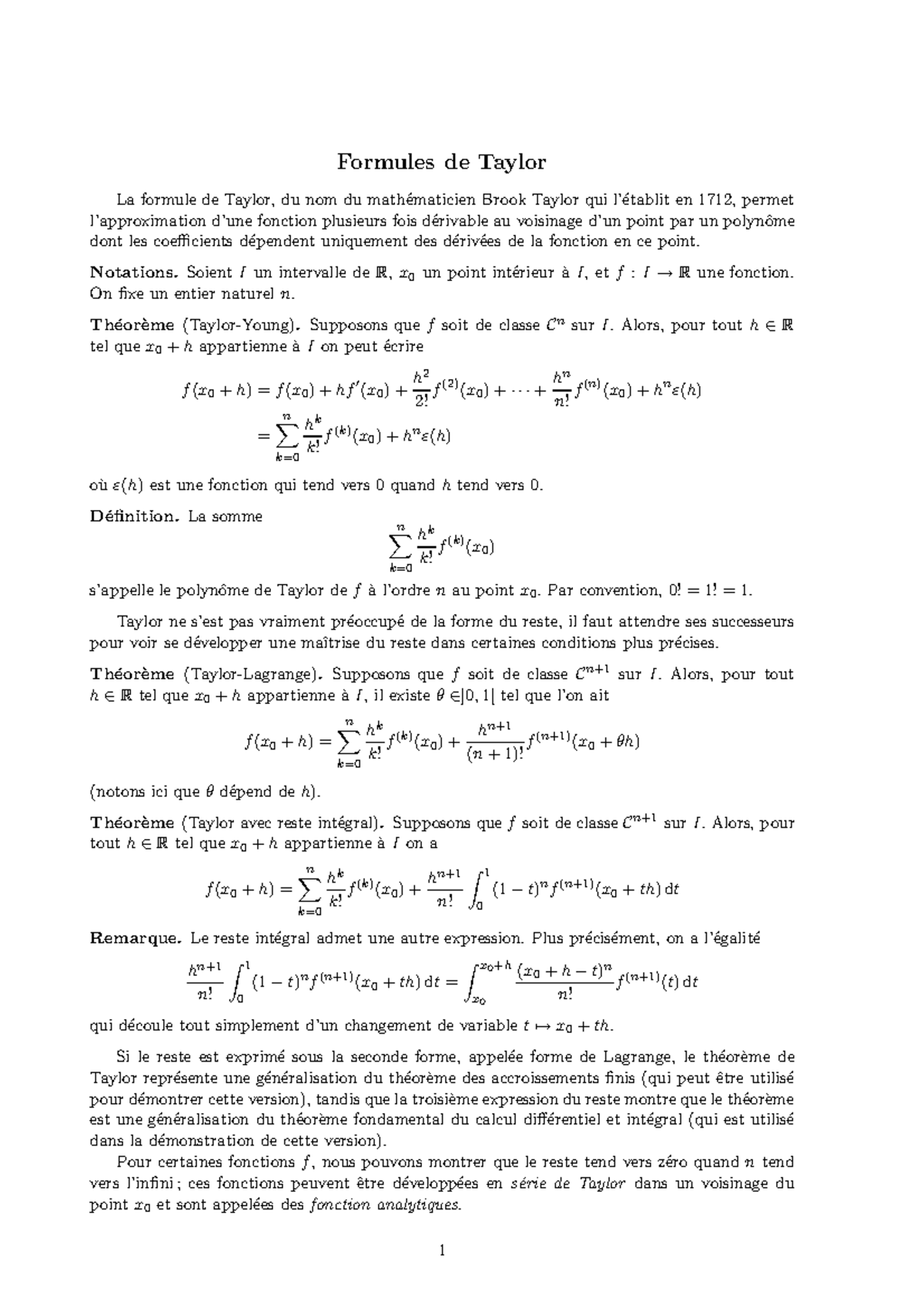 Formule de Taylor - Notations intervalle deR,x 0 un point int ́erieur ...