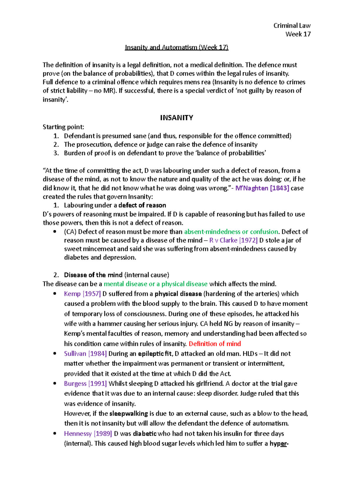 Insanity and Automatism 17 - Criminal Law Week 17 Insanity and ...