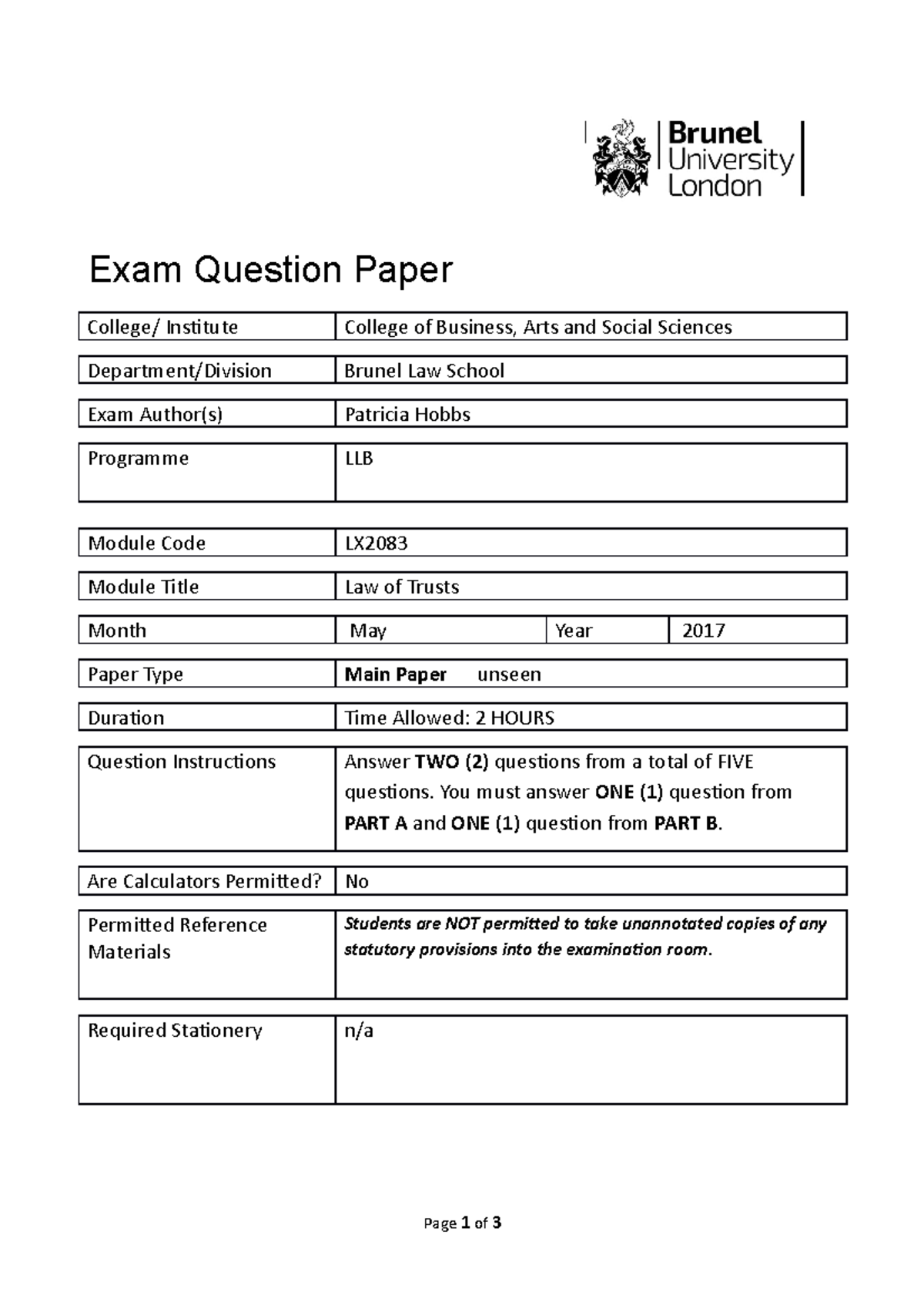 Trusts Law main exam - Exam Question Paper College/ Insitute College of ...