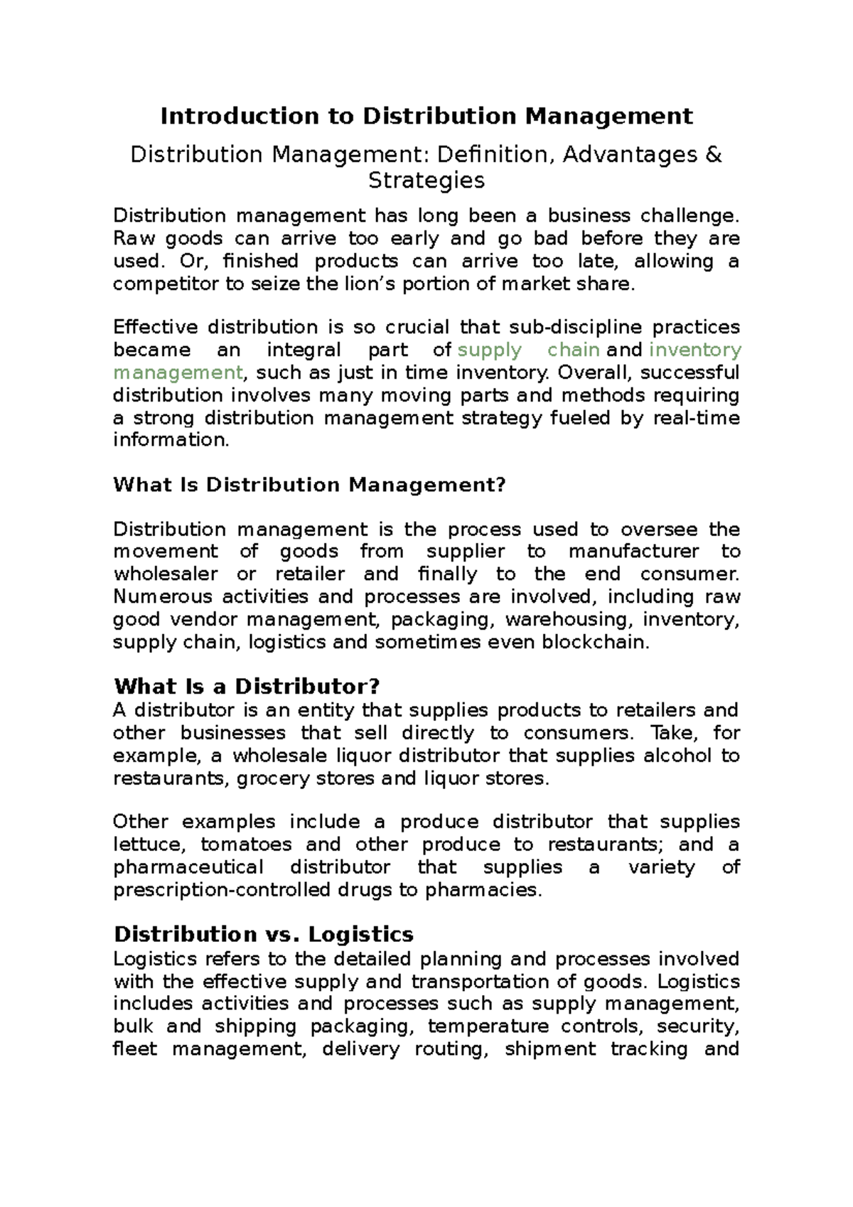 Introduction of distribution Management - Introduction to Distribution ...