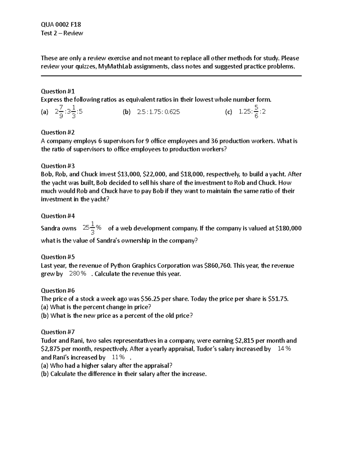 Test 2 - Review - Test 2 – Review These are only a review exercise and ...