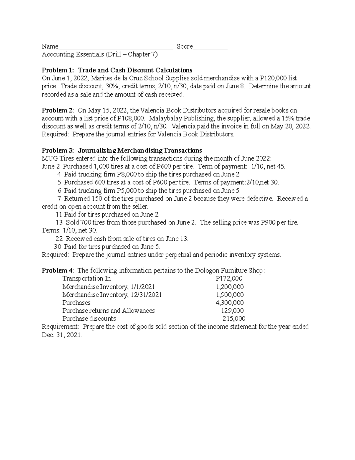 Drill - Ch. 7 Accounting Essentials - Name ...