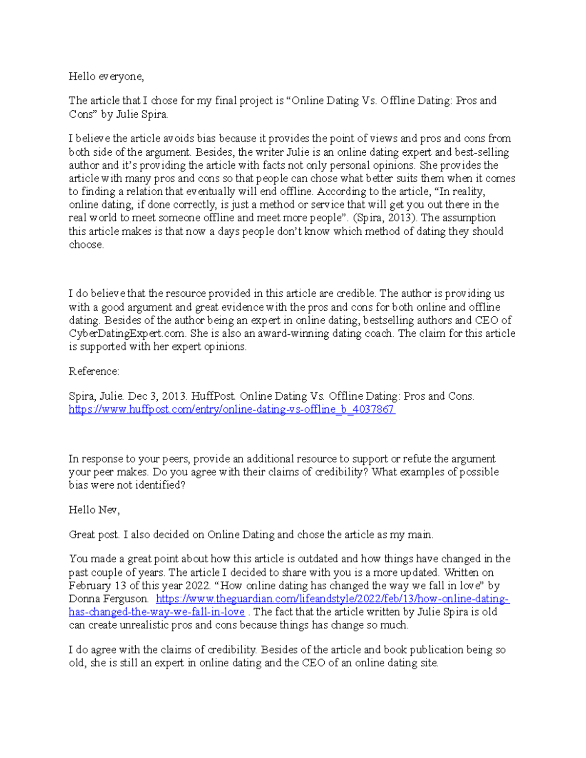 PHL 111 4-1 Discussion- Assess Your Final Project Article - Hello ...