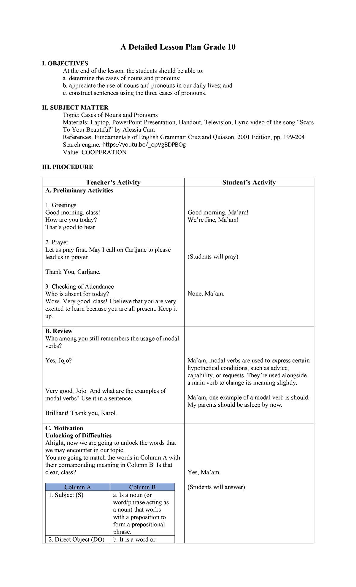 A Detailed Lesson Plan Grade 10 - OBJECTIVES At the end of the lesson ...