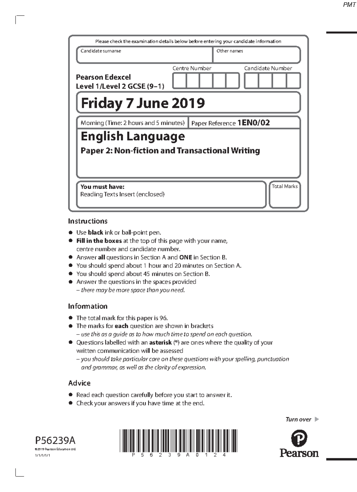 June 2019 QP - Paper 2 Edexcel English Language GCSE - P56239A0124 Turn ...