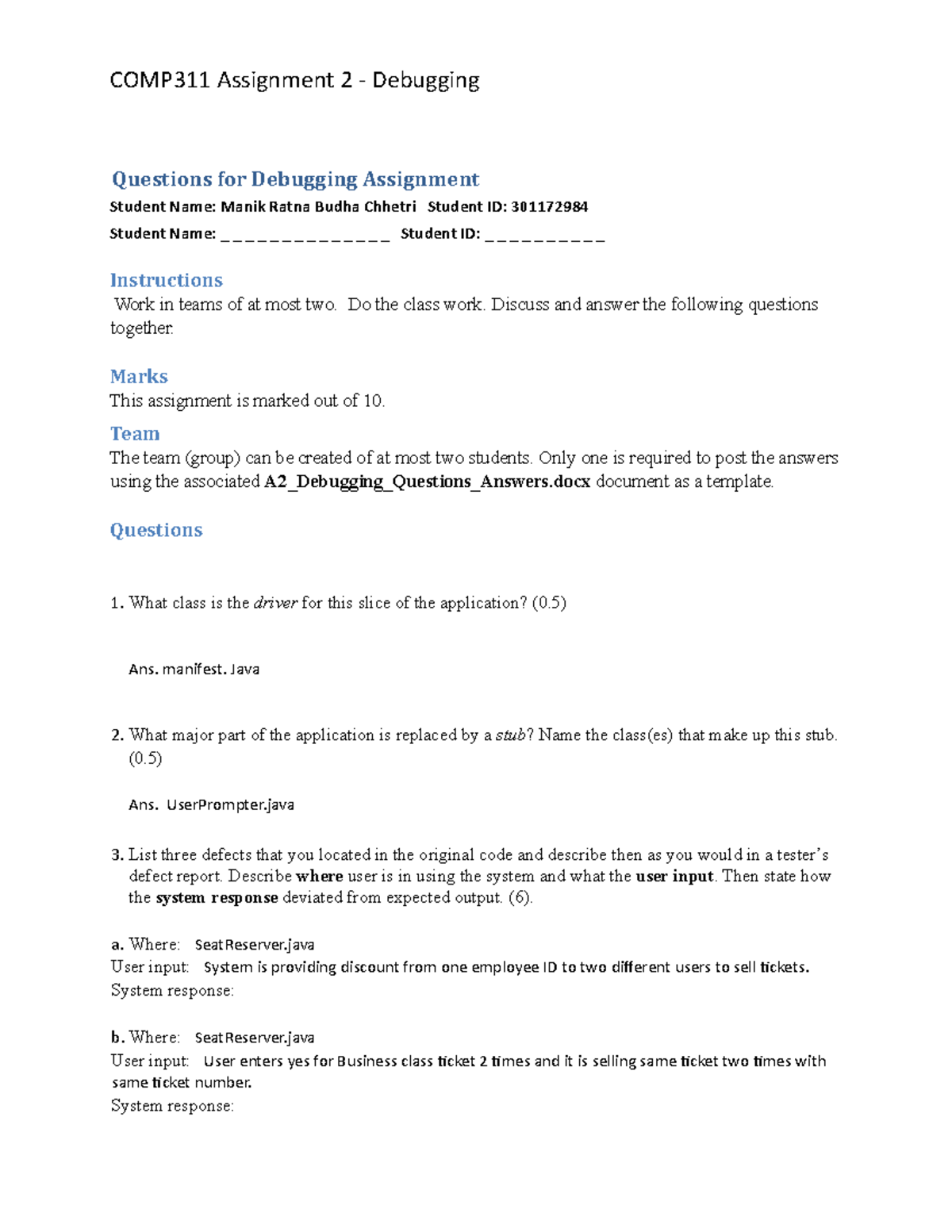 Assignment 2 Software Testing Comp311 Assignment 2 Debugging Questions For Debugging