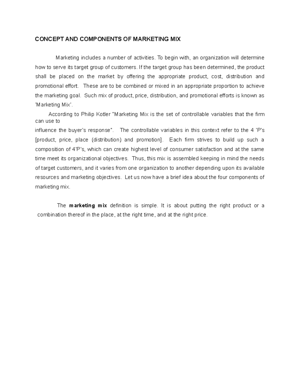 Week 8 Concept AND Components OF Marketing MIX - CONCEPT AND COMPONENTS ...