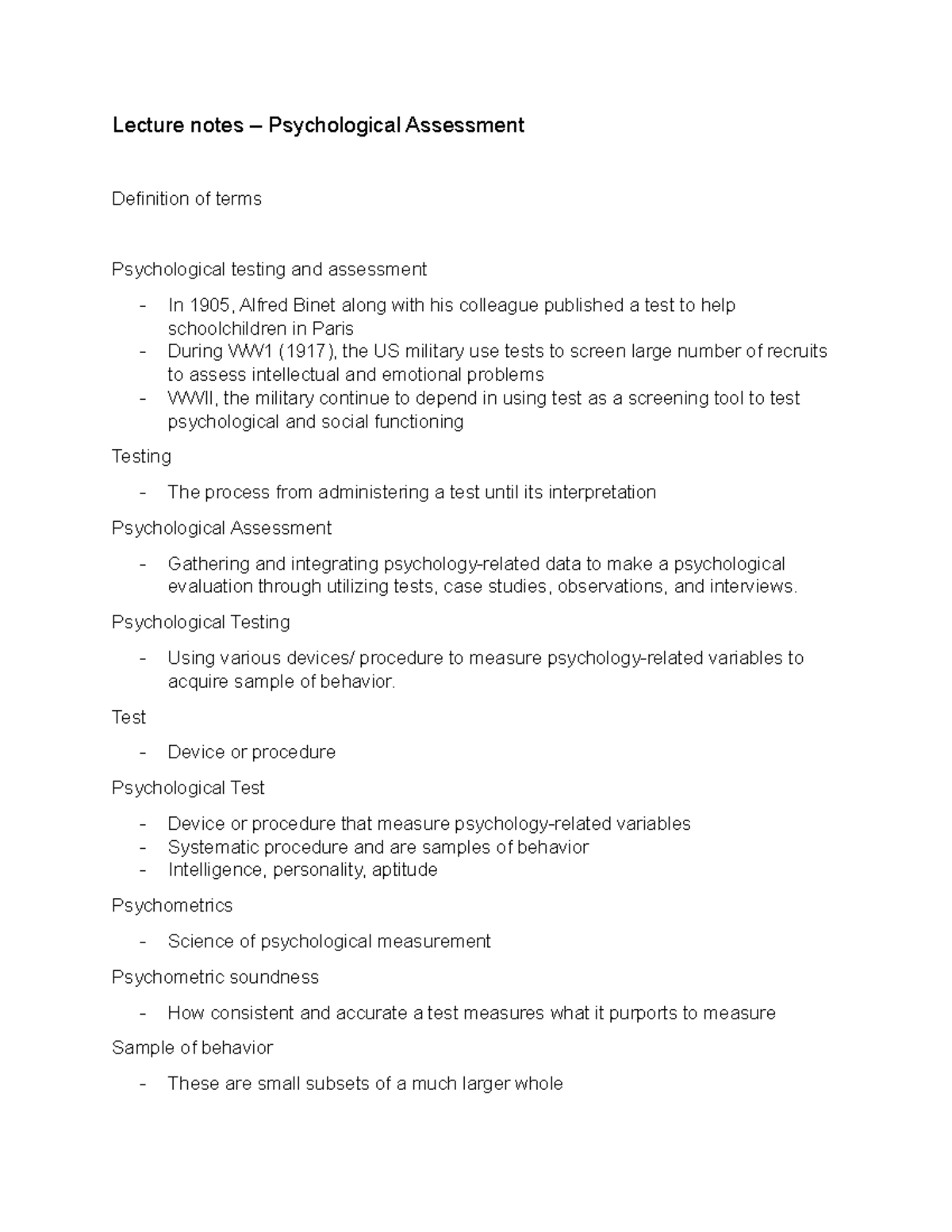 Lecture notes -definition of terms - Lecture notes – Psychological ...