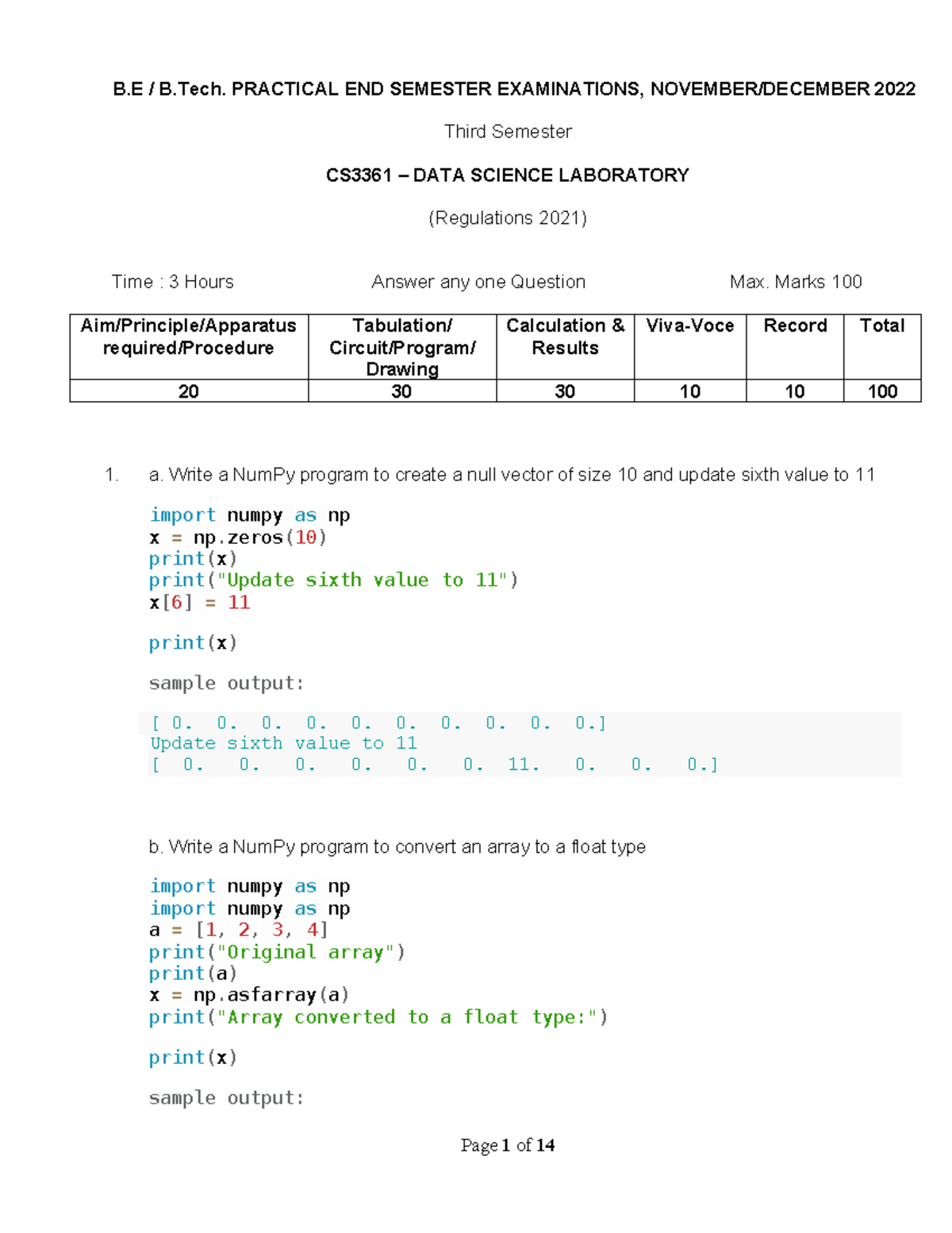 CS3361 SET1 - good - B / B. PRACTICAL END SEMESTER EXAMINATIONS, NOVEMBER/DECEMBER 2022 Third ...