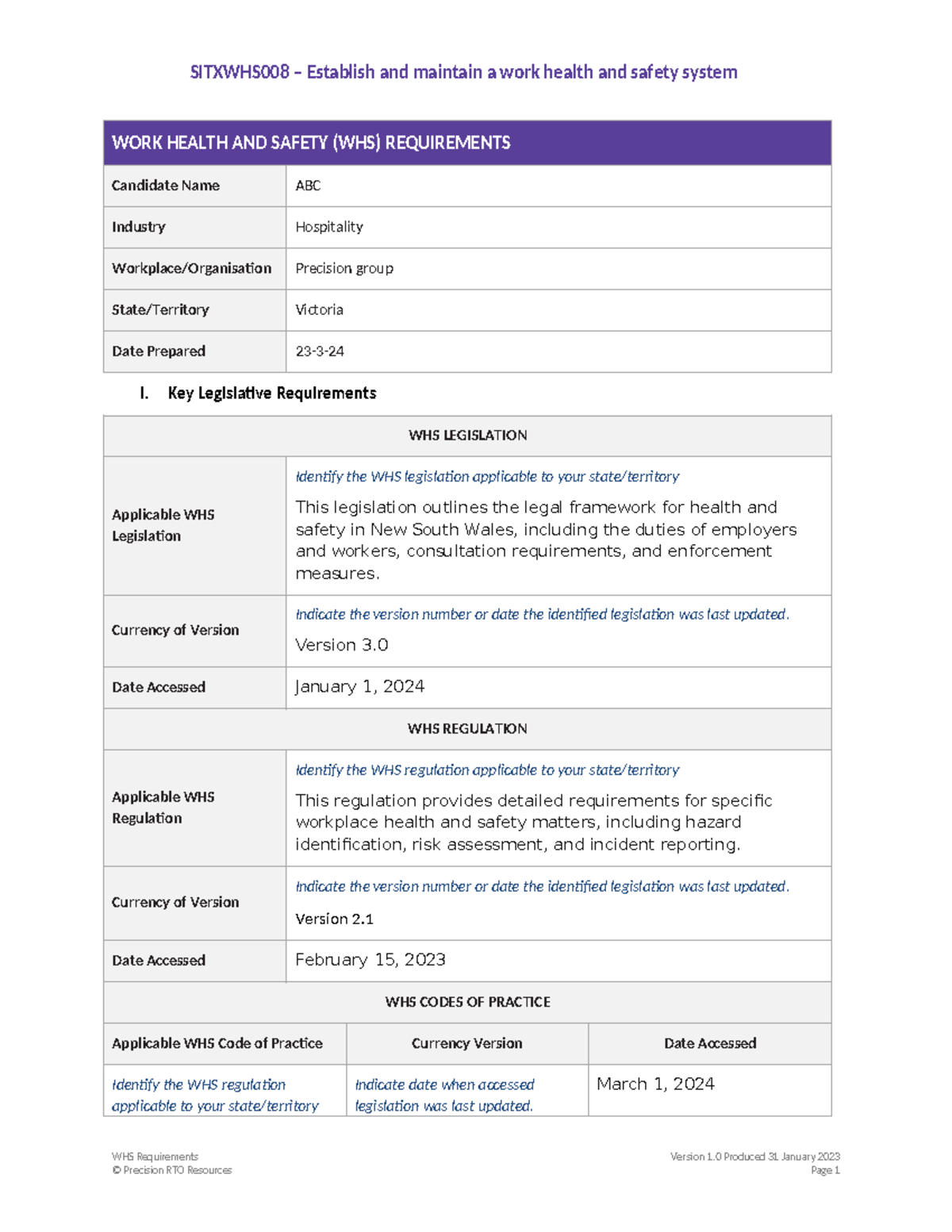 Sitxwhs 008-WHS-Requirements-v1.0 - SITXWHS008 – Establish and maintain ...