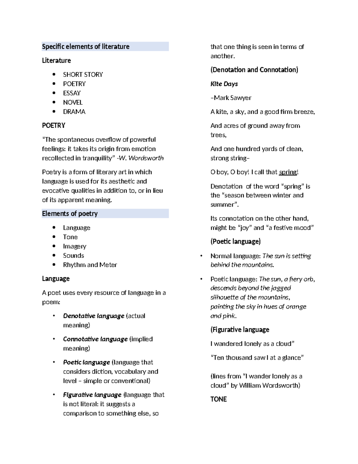 Specific elements of literature - Specific elements of literature ...