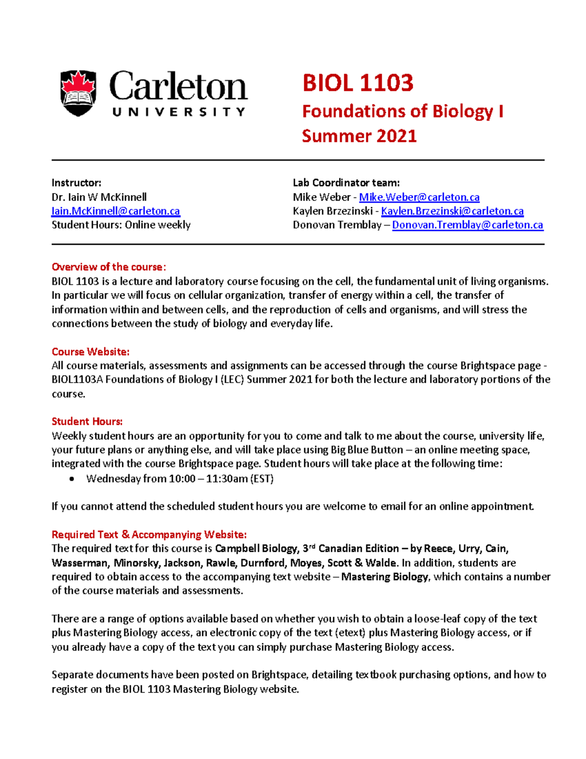 BIOL1103 Foundations of Biology I - Course Outline S2021 - BIOL 1103 ...