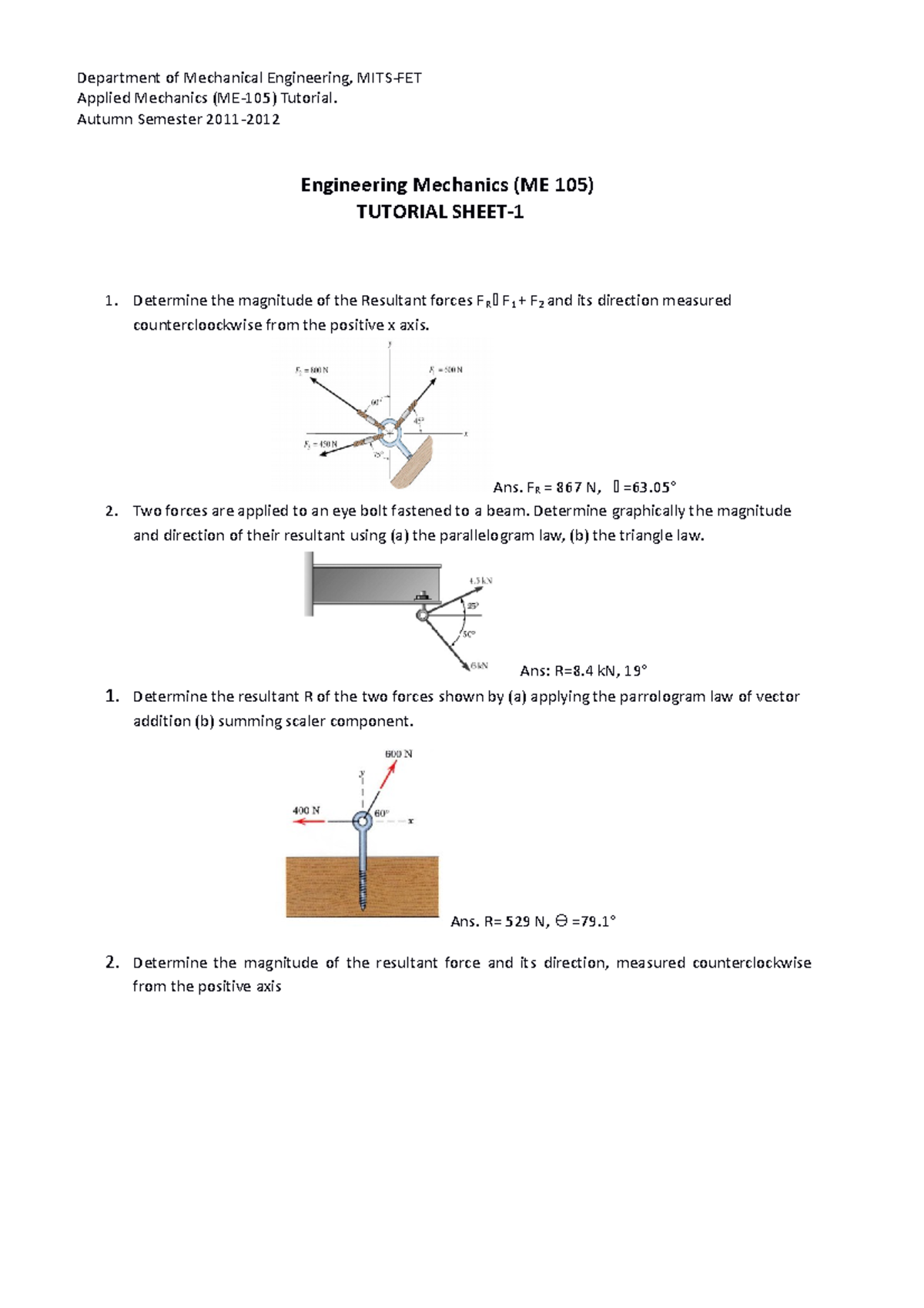 Engineering Mechanics Assignment - Department of Mechanical Engineering ...
