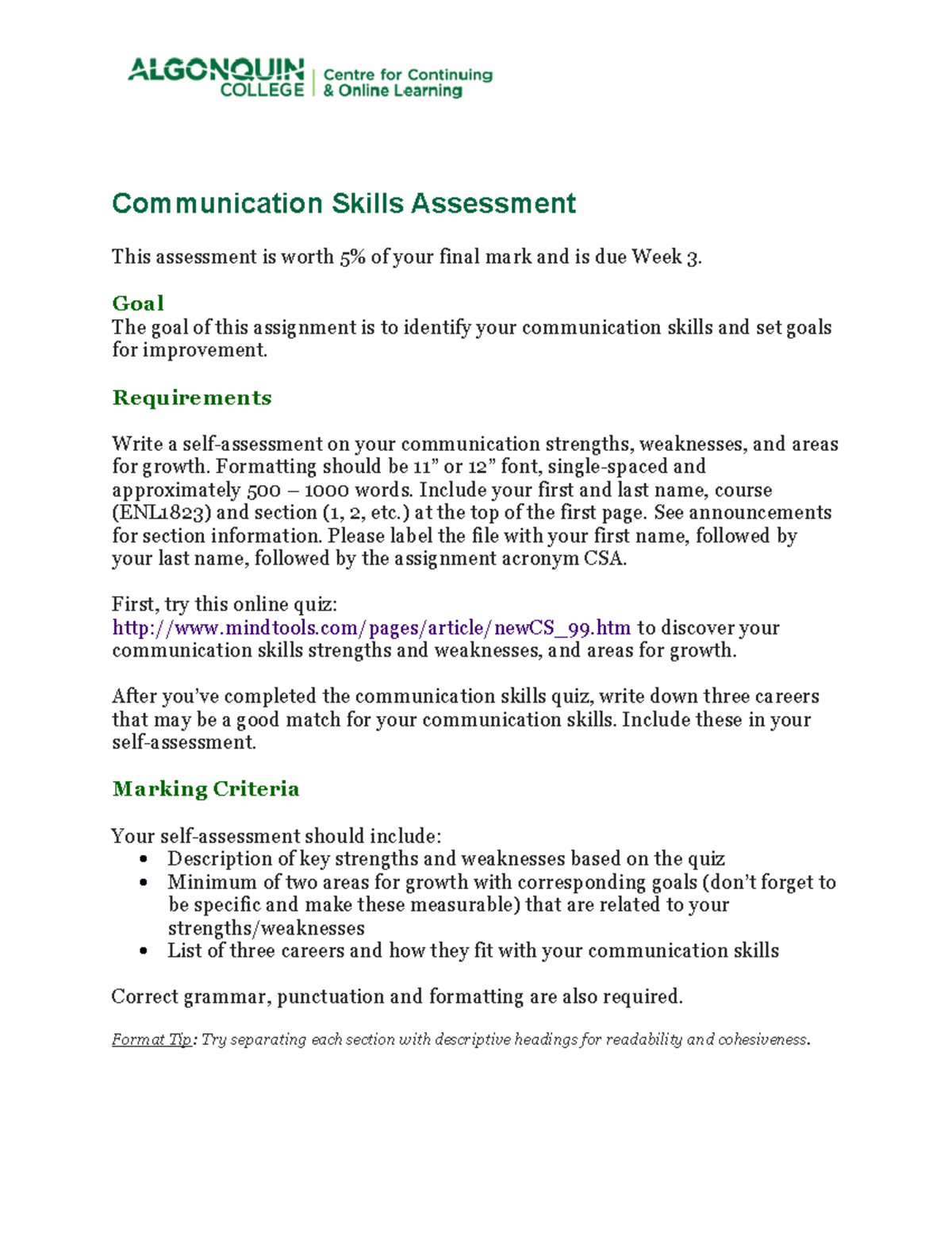 1 Communication Skills Assessment with Rubric w18 - Communication ...