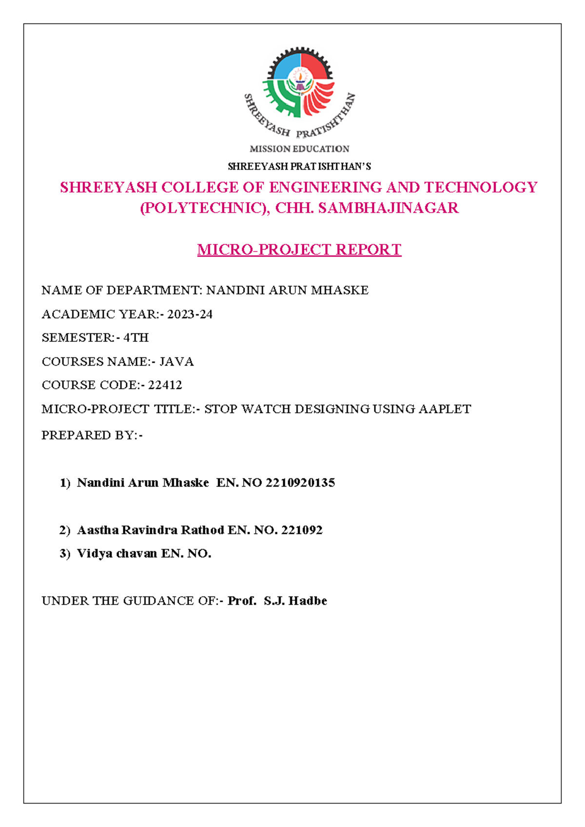 Project format - nvijdsh - SHREEYASH PRATISHTHAN’S SHREEYASH COLLEGE OF ...