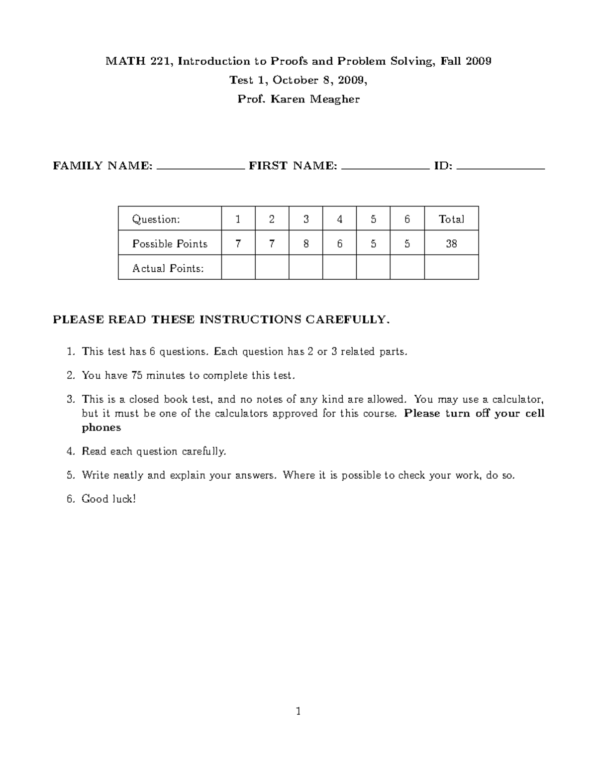 Test 07 2020, questions - MATH 221, Introduction to Proofs and Problem ...