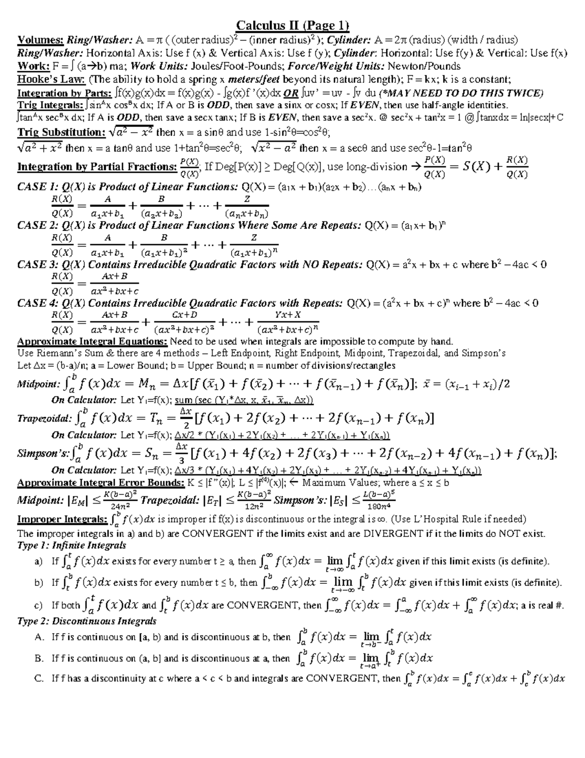 Exam 1 Cheatsheet - Formula card - Calculus II (Page 1) Volumes: Ring ...