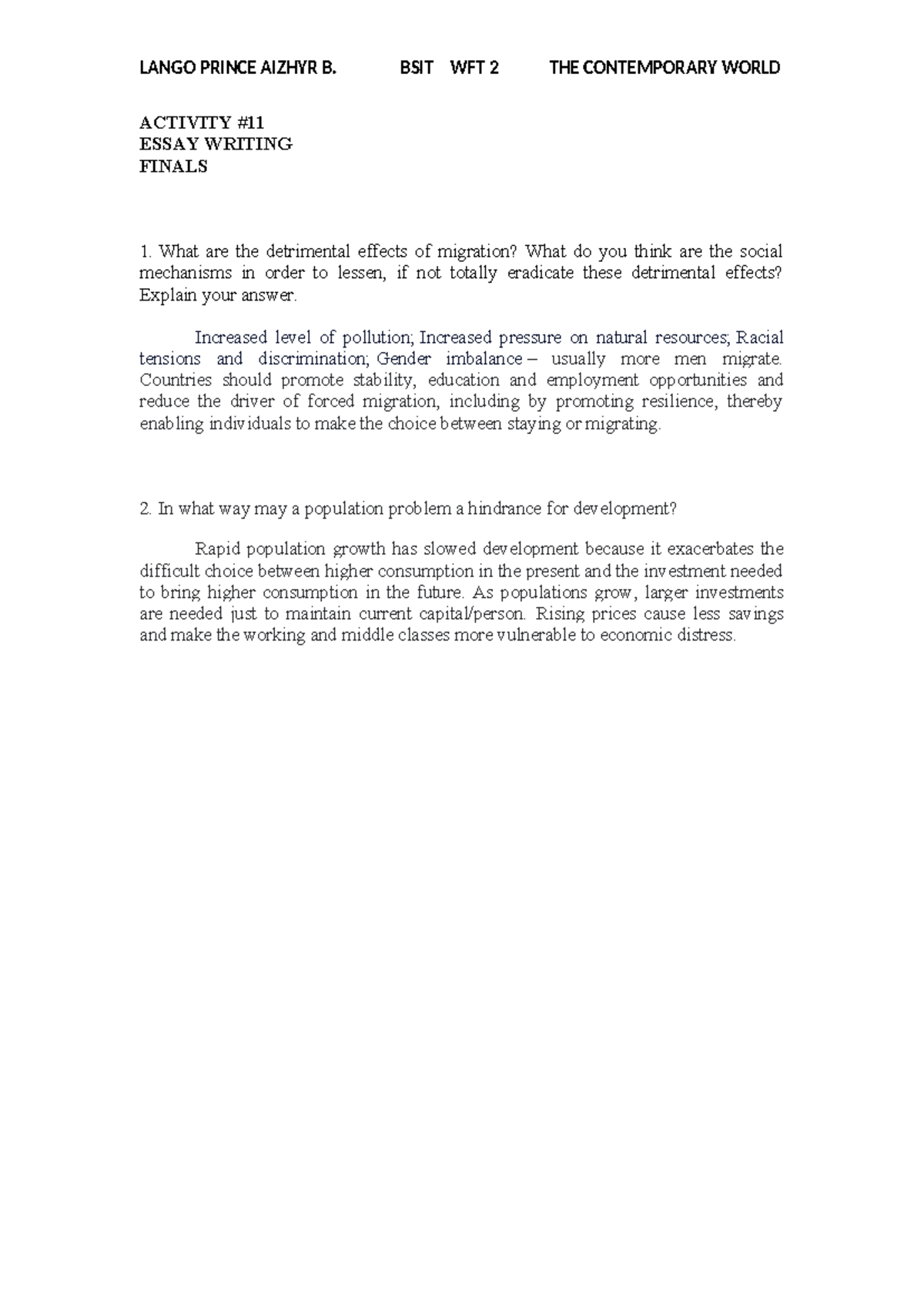 Contemp. World Finals - ACTIVITY ESSAY WRITING FINALS What are the ...