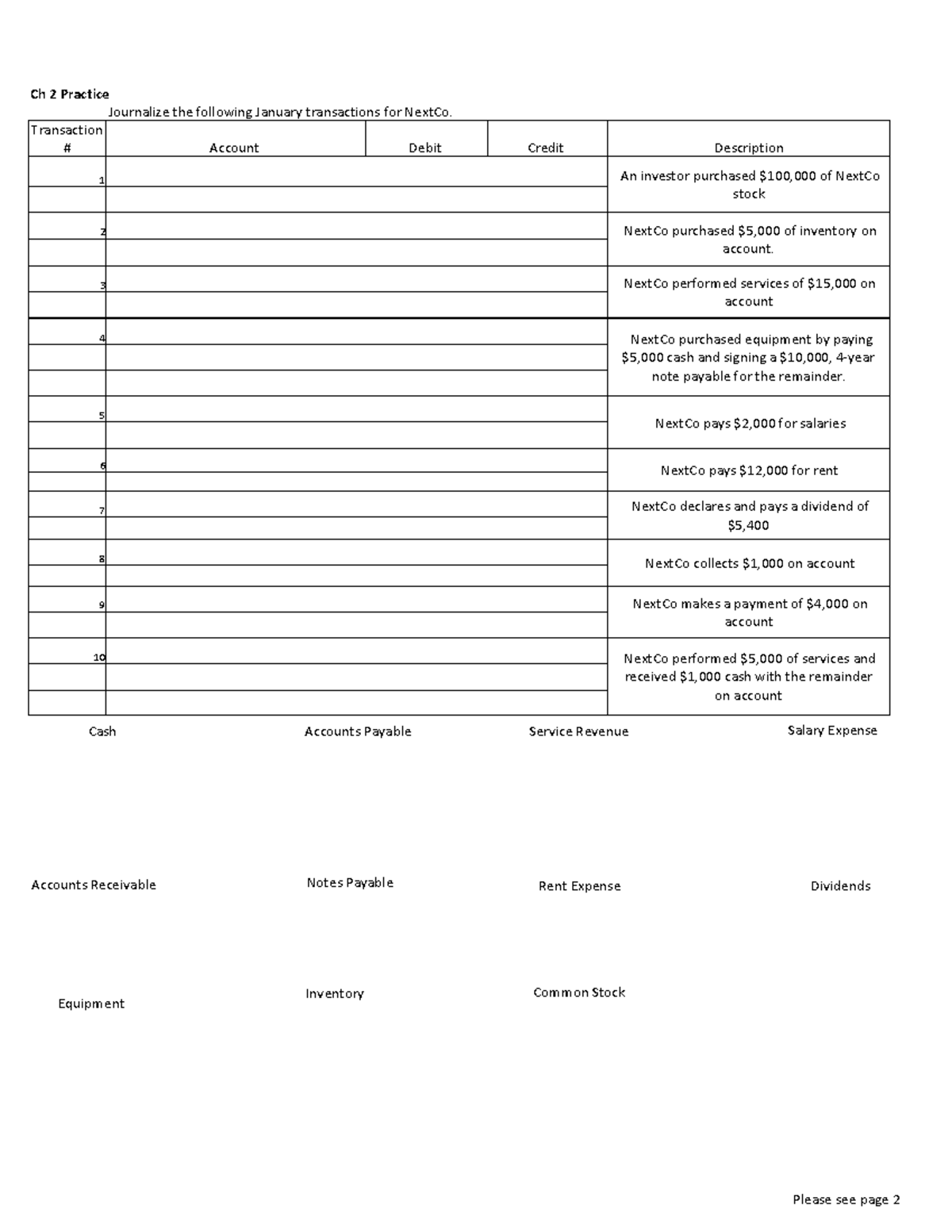 Ch 2 JE Worksheet PDF Blank - Ch Transaction 2 Practice Journalize the ...