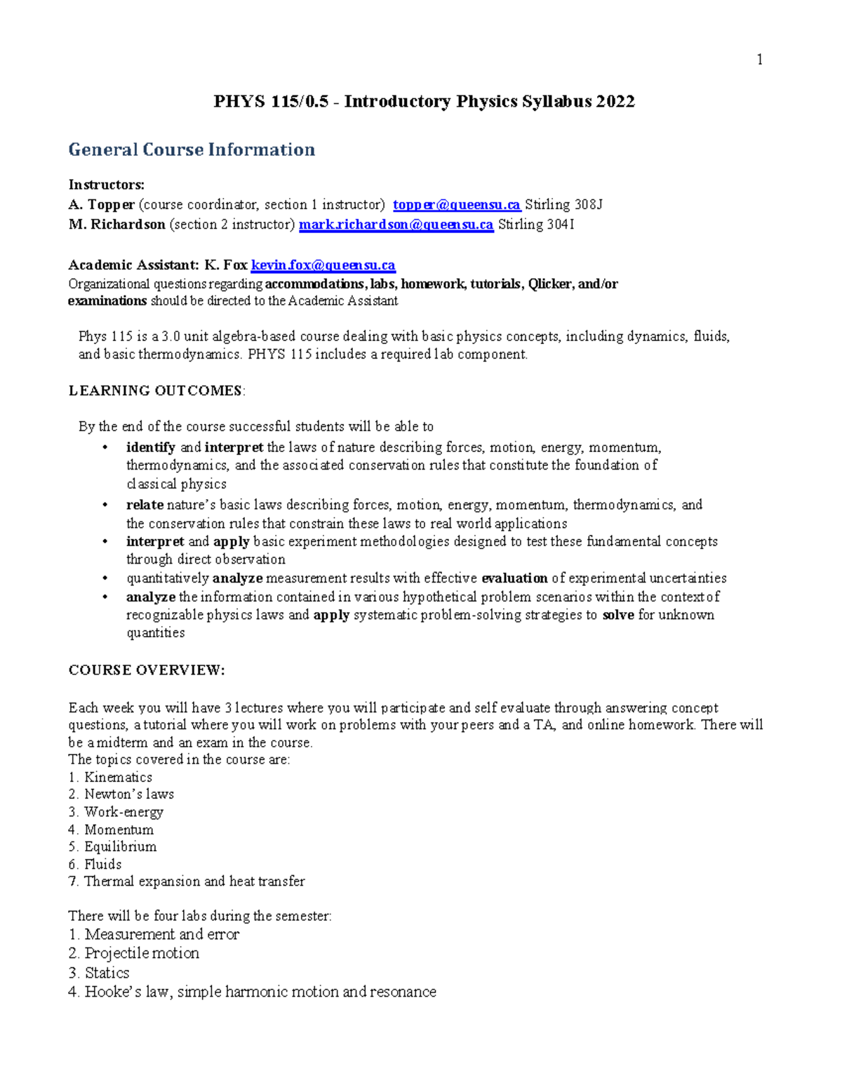 PHYS 115 2022 Syllabus - syll - PHYS 115/0 - Introductory Physics Syllabus 2022 General Course ...