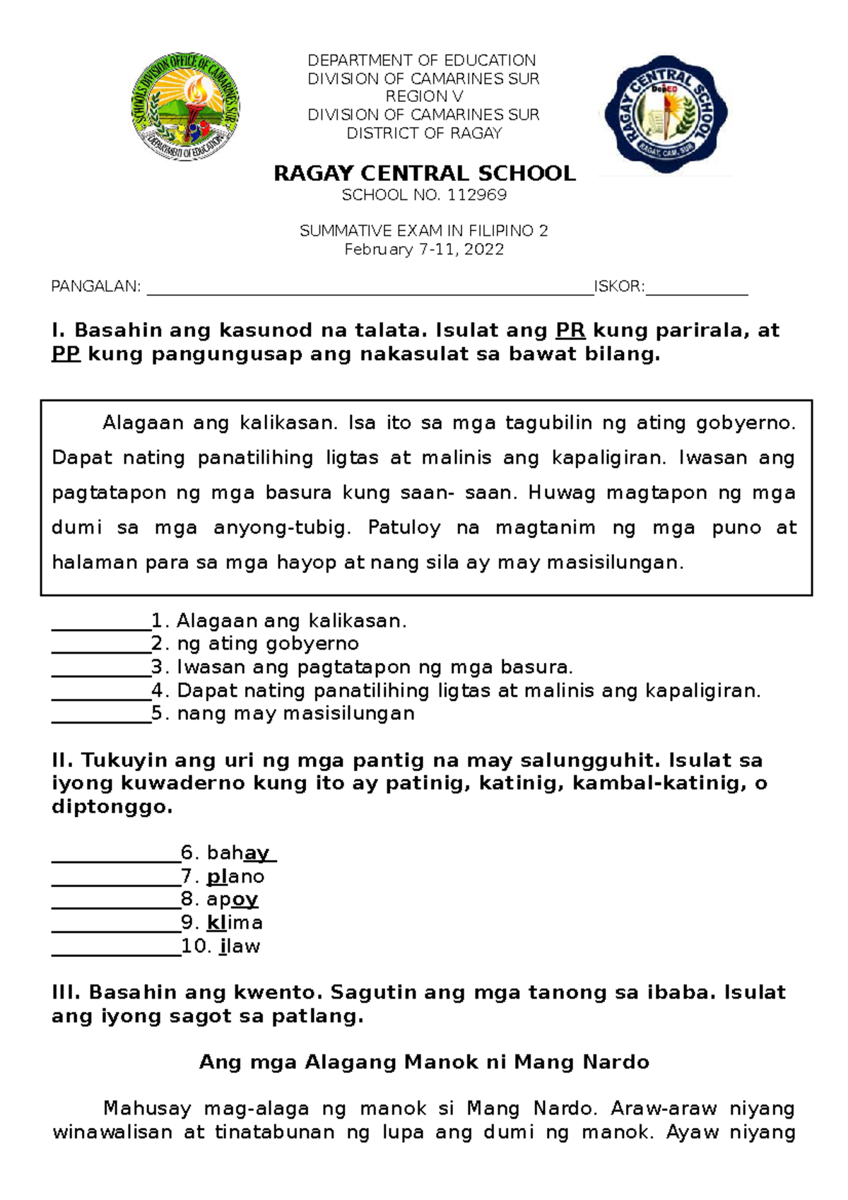Filipino 2 - READING - DEPARTMENT OF EDUCATION DIVISION OF CAMARINES ...