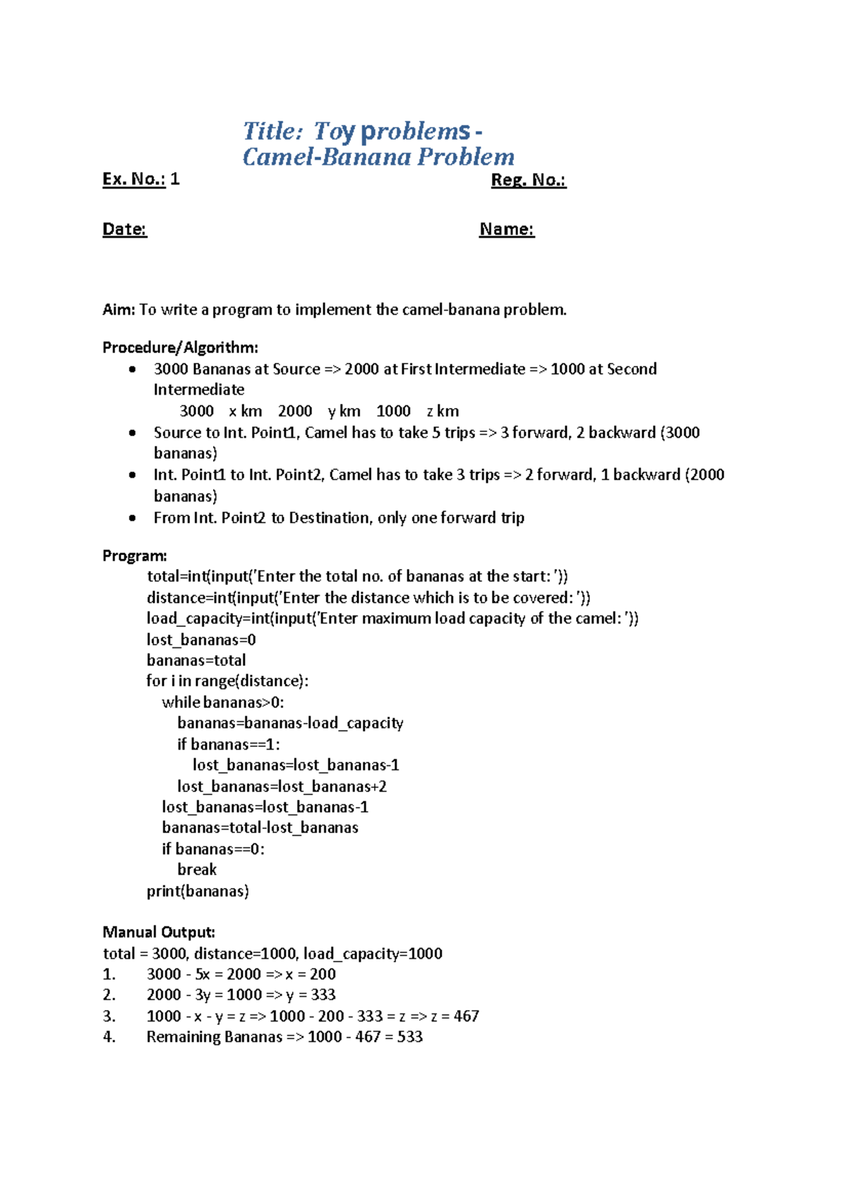 AI Lab manual 18CSC305J 240319 134440 - Ex. No.: 1 Aim: To write a ...