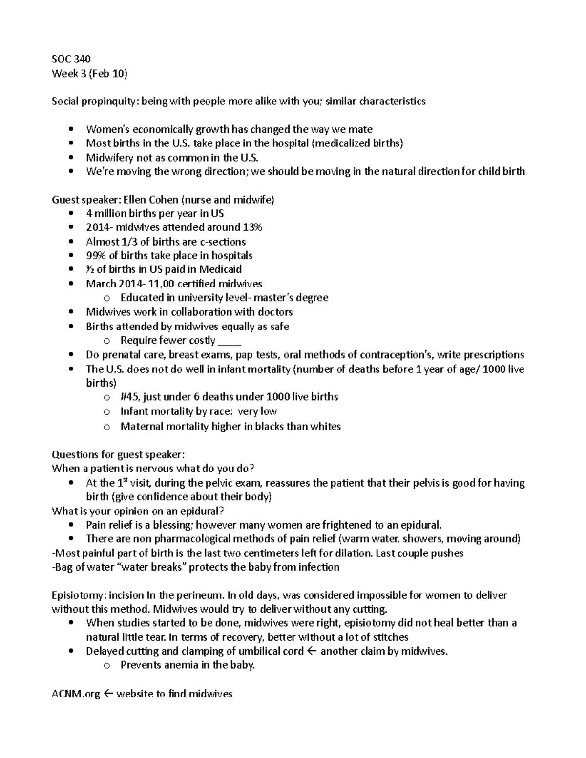 SOC 340 Week 3 Notes - SOC 340 Week 3 (Feb 10) Social propinquity ...