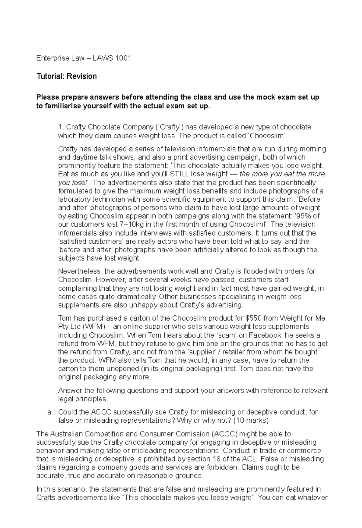 Revision tutorial questions - Enterprise Law – LAWS 1001 Tutorial ...