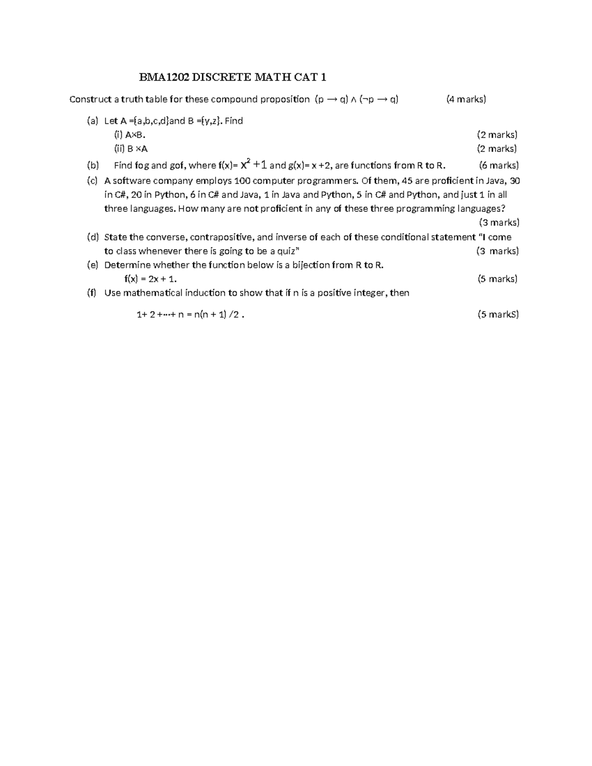 BMA1202 Discrete MATH CAT 1 - BMA1202 DISCRETE MATH CAT 1 Construct a ...