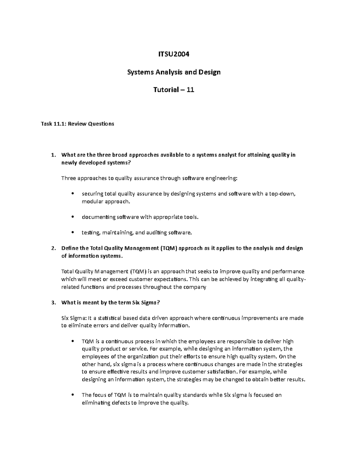 Week 11 Tutorial - ITSU Systems Analysis and Design Tutorial – 11 Task ...