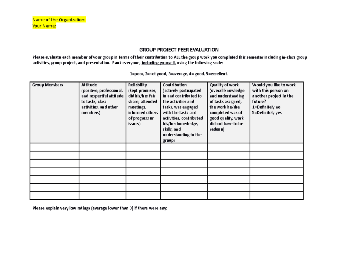Peer Evaluation Form - bsbsn - Name of the Organization: Your Name: GROUP PROJECT PEER ...