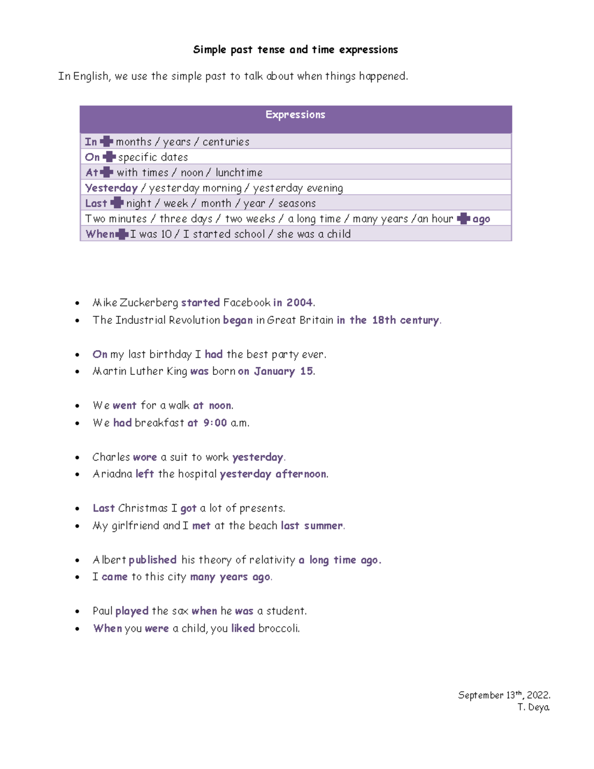 Simple PAST Review - eeeeeeeeeeeee - Simple past tense and time ...