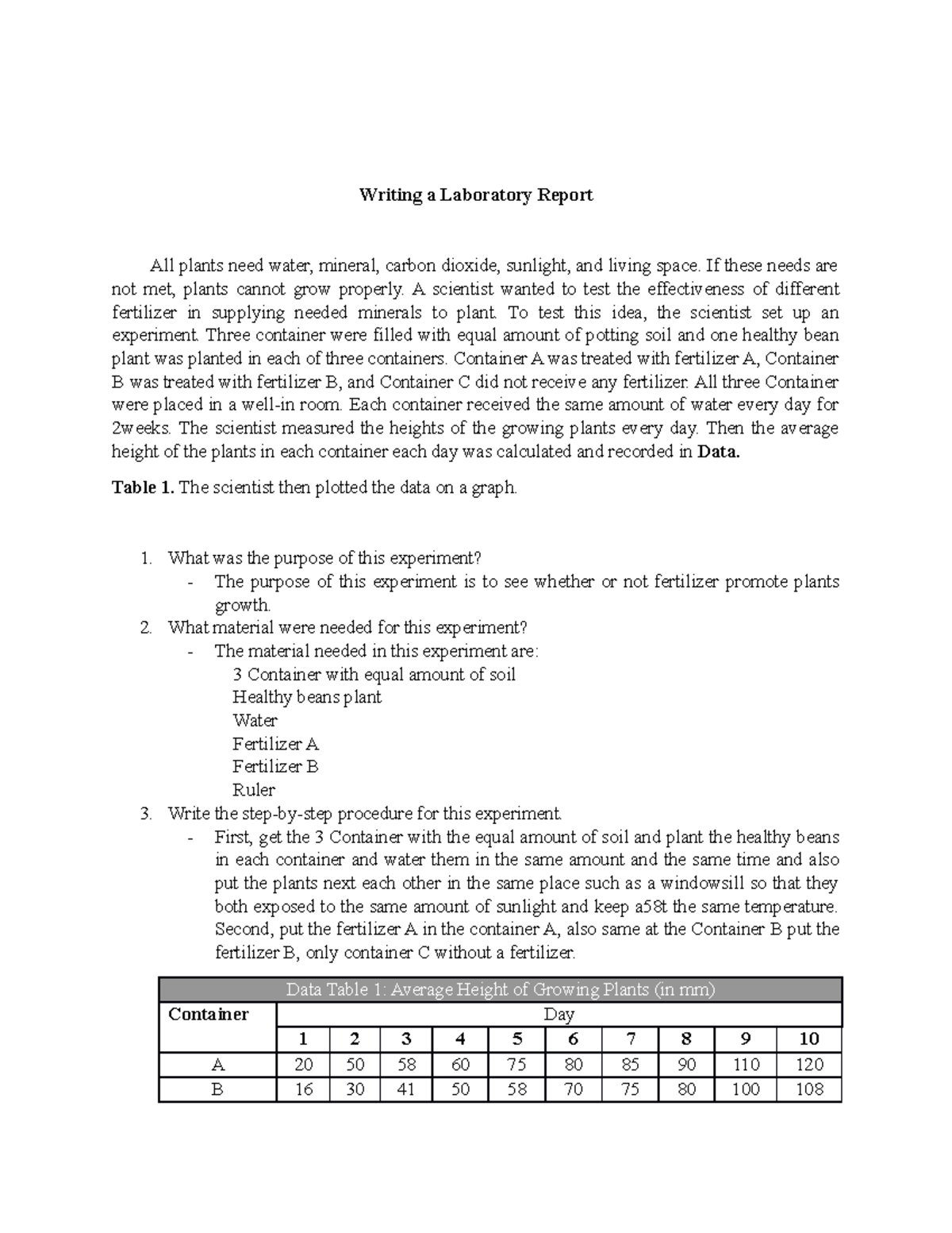 Laboratory Report 1 Chemistry - Writing a Laboratory Report All plants ...